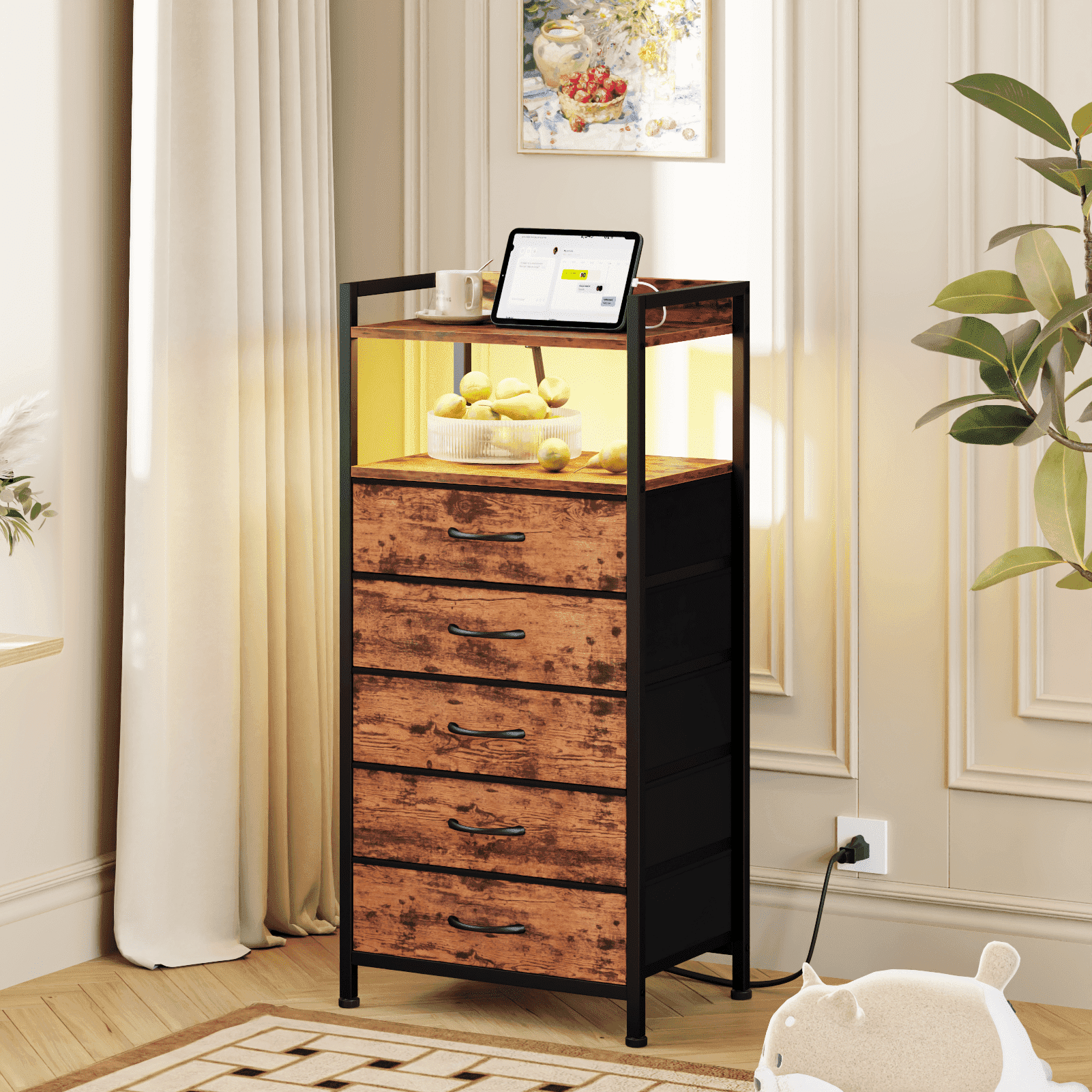 Satifur Bedroom Dresser with RGB LED Strip, Bedside Table with Charging ...