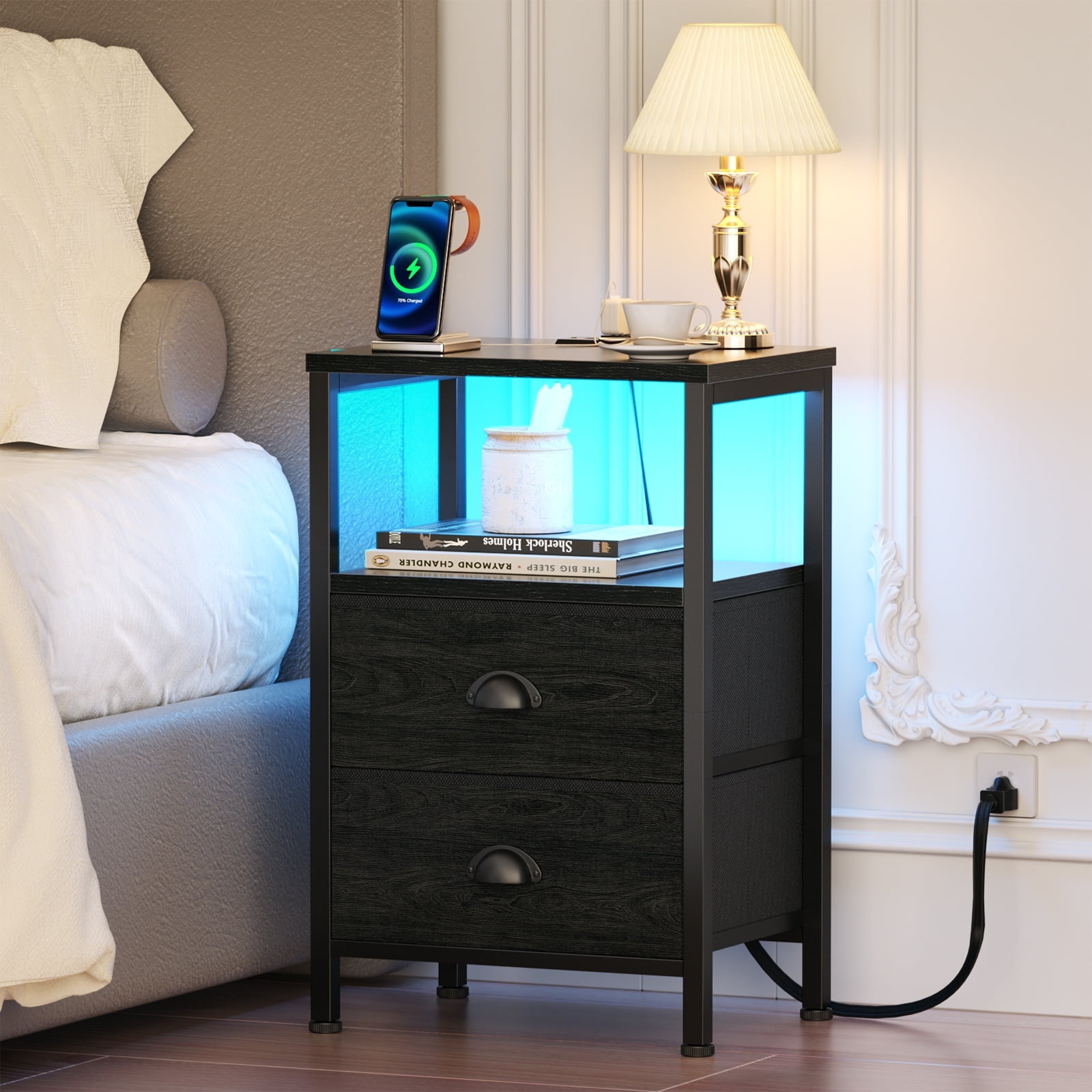 "Satifur Compact LED Nightstand, Black Oak, 2 Fabric Drawers, Charging ...