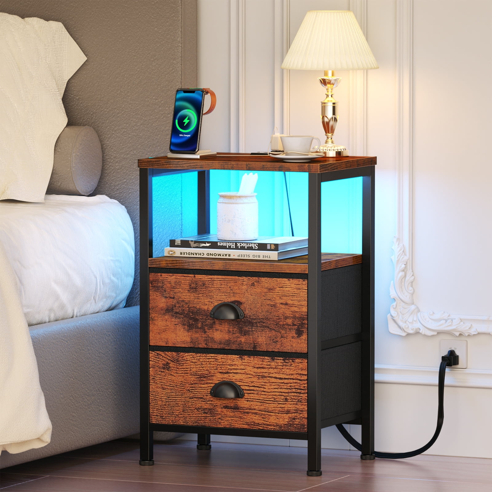Satifur Bedside Table with Charging Station LED Lights Nightstand with ...