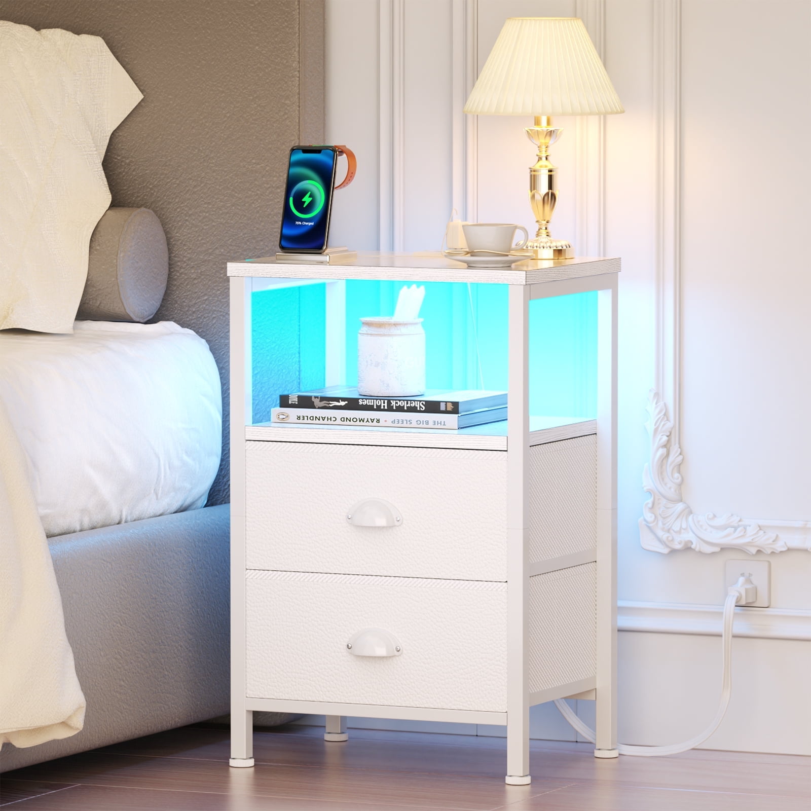 "Satifur Charging Nightstand, White LED Nightstand with Drawers and ...
