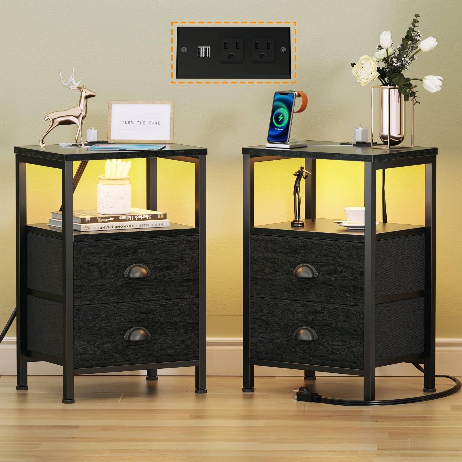 Satifur Bedside Table with Charging Station LED Lights,Set of 2 ...