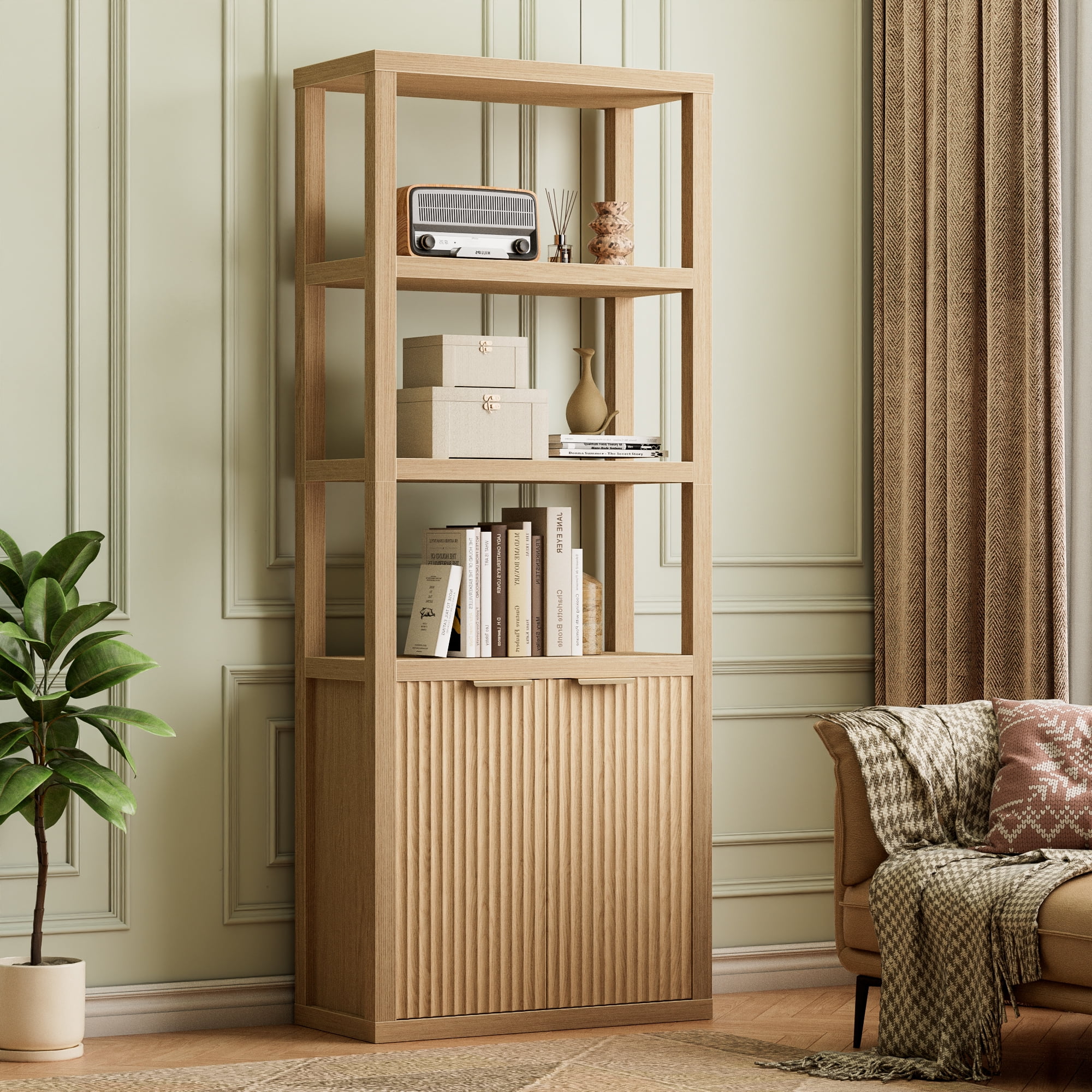 Satifur Bookshelf and Bookcase with Door, Floor Standing 5-Tier Shelf ...