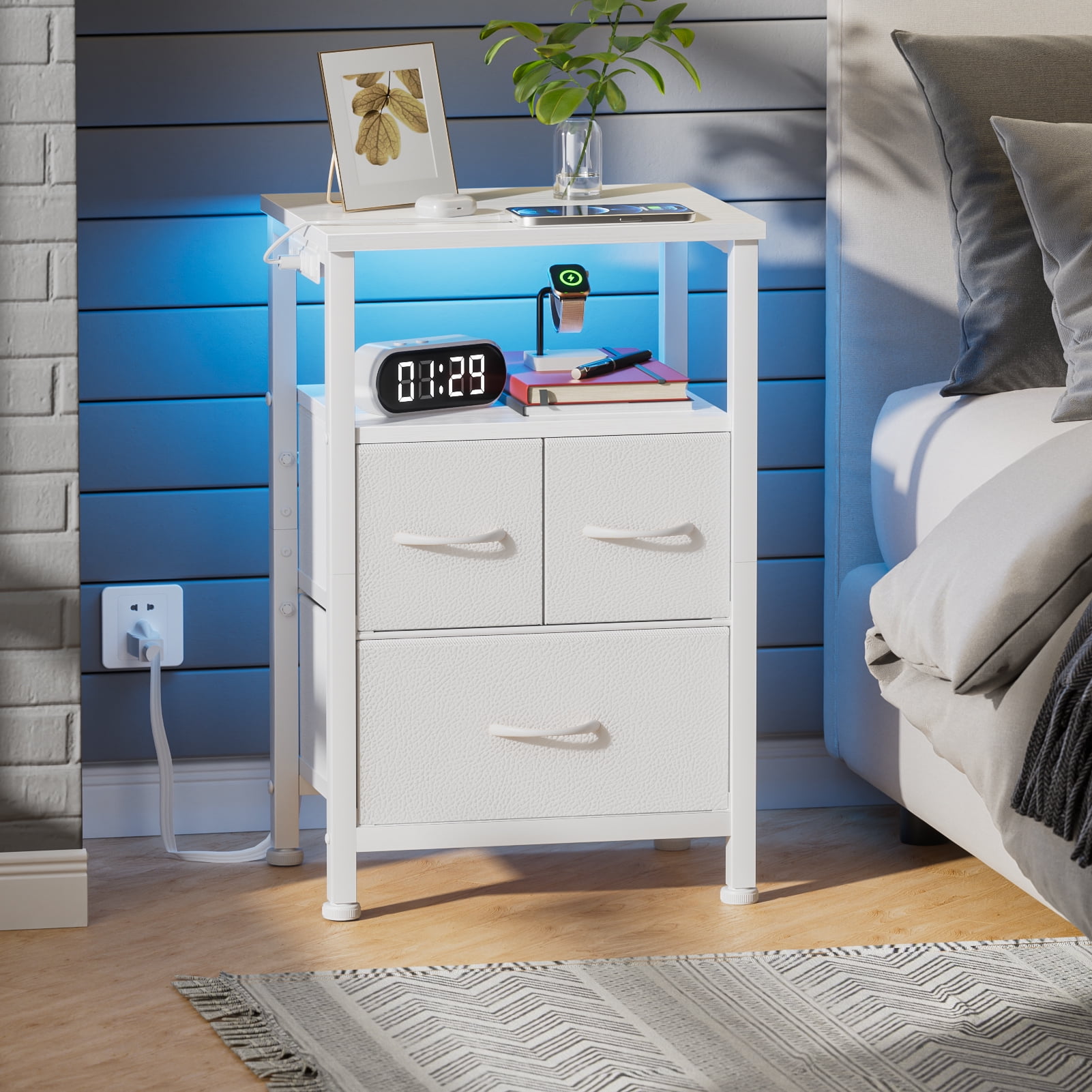 Satifur Chest of Drawers with Charging Station,LED Nightstand with 3 ...