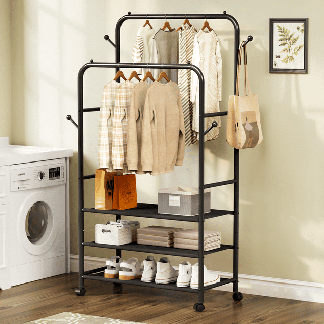 Satifur Clothes Rack with 3 Tiers Storage Shelves, Clothing and Shoes ...