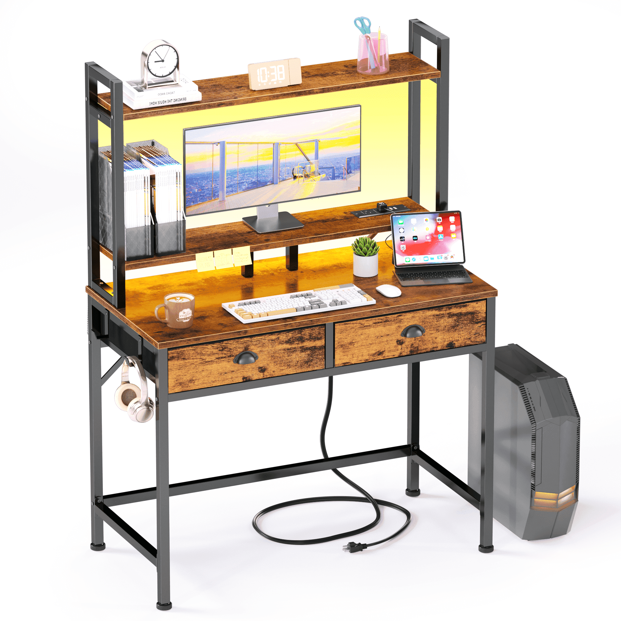 Satifur Computer Desk 36" with Charging Station & LED Lights, Gaming ...