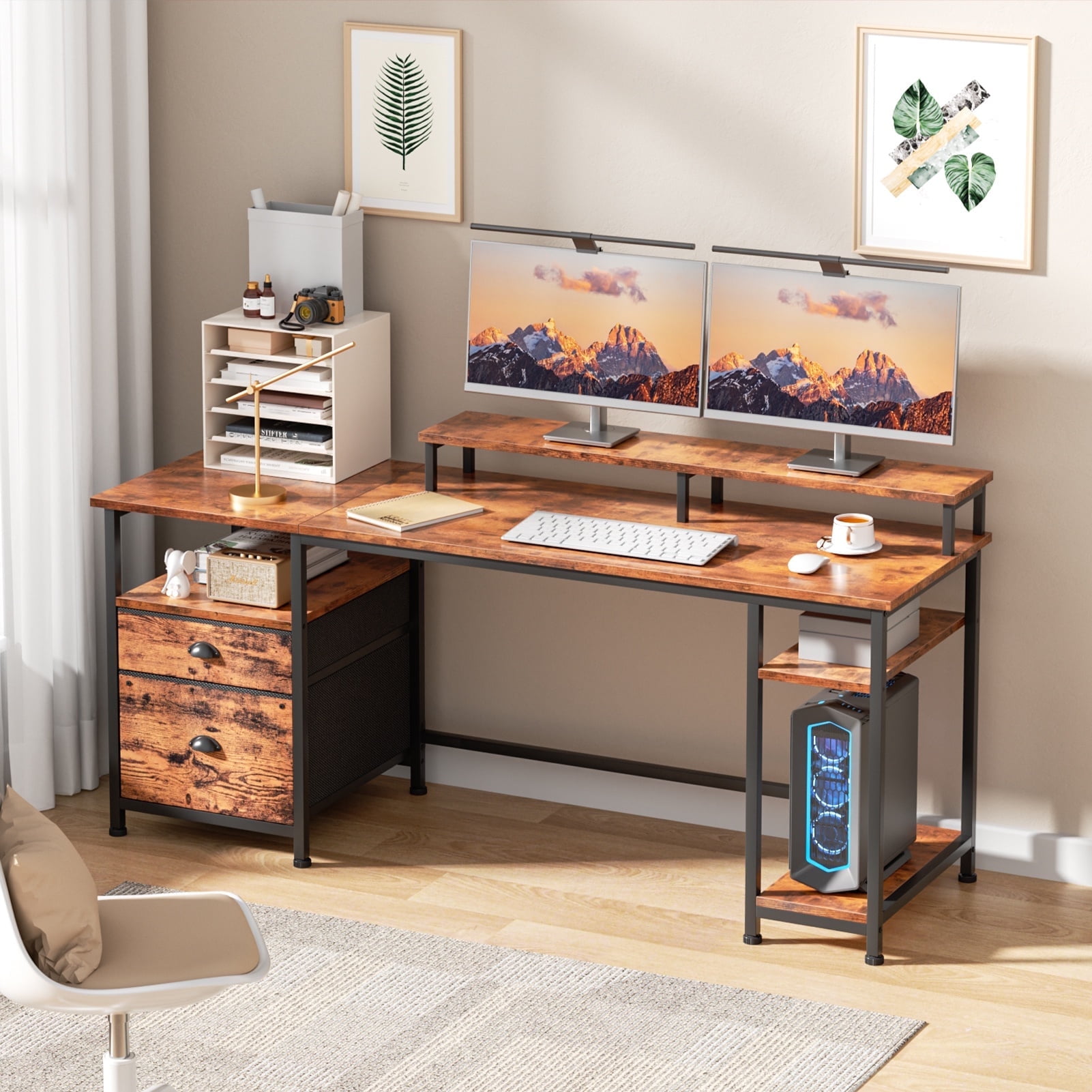 Satifur Computer Desk with Drawers & Monitor Stand, 61" Office Desk for ...