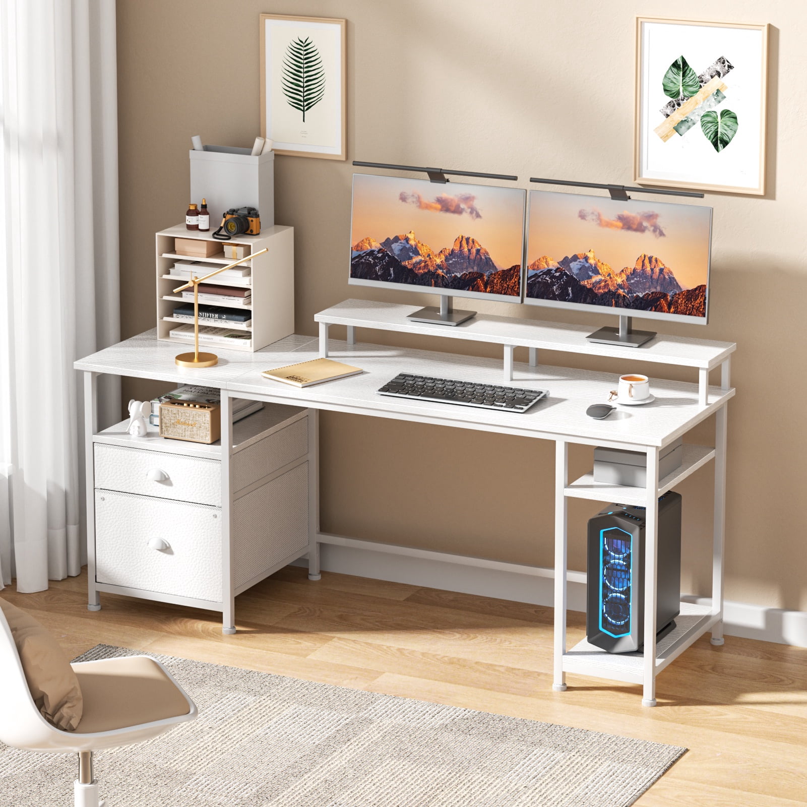 Satifur Computer Desk with Drawers and Monitor Stand, 61" Office Desk ...