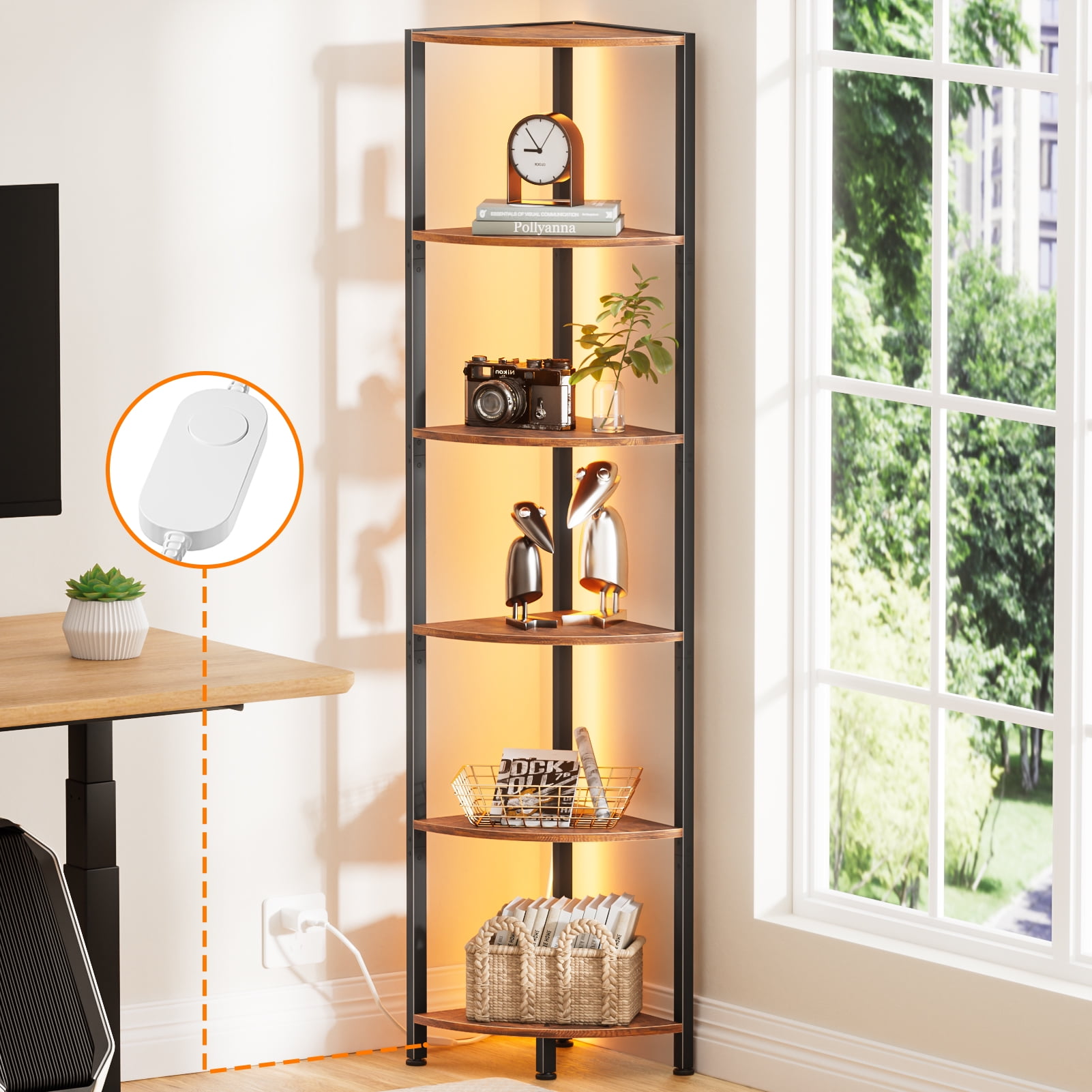 Satifur Corner Shelf Bookcase with LED Light Strip, 6-Tier Corner ...