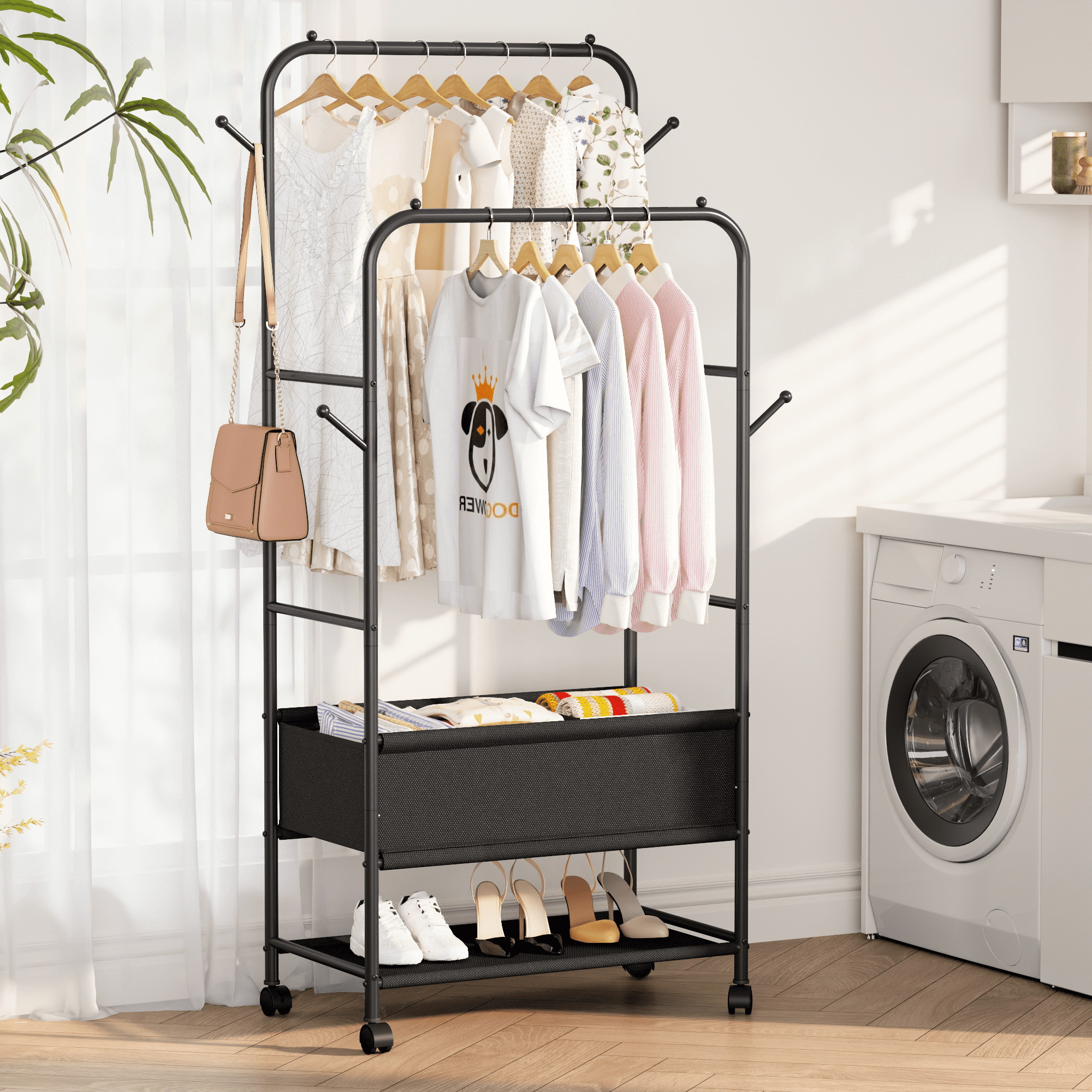 Satifur Double Rail Clothes Rack on Wheels, Heavy Duty Clothes Hanging ...