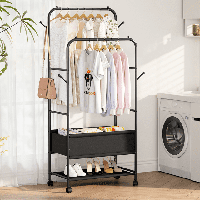 Satifur Double Rail Clothes Rack on Wheels, Heavy Duty Clothes Hanging ...
