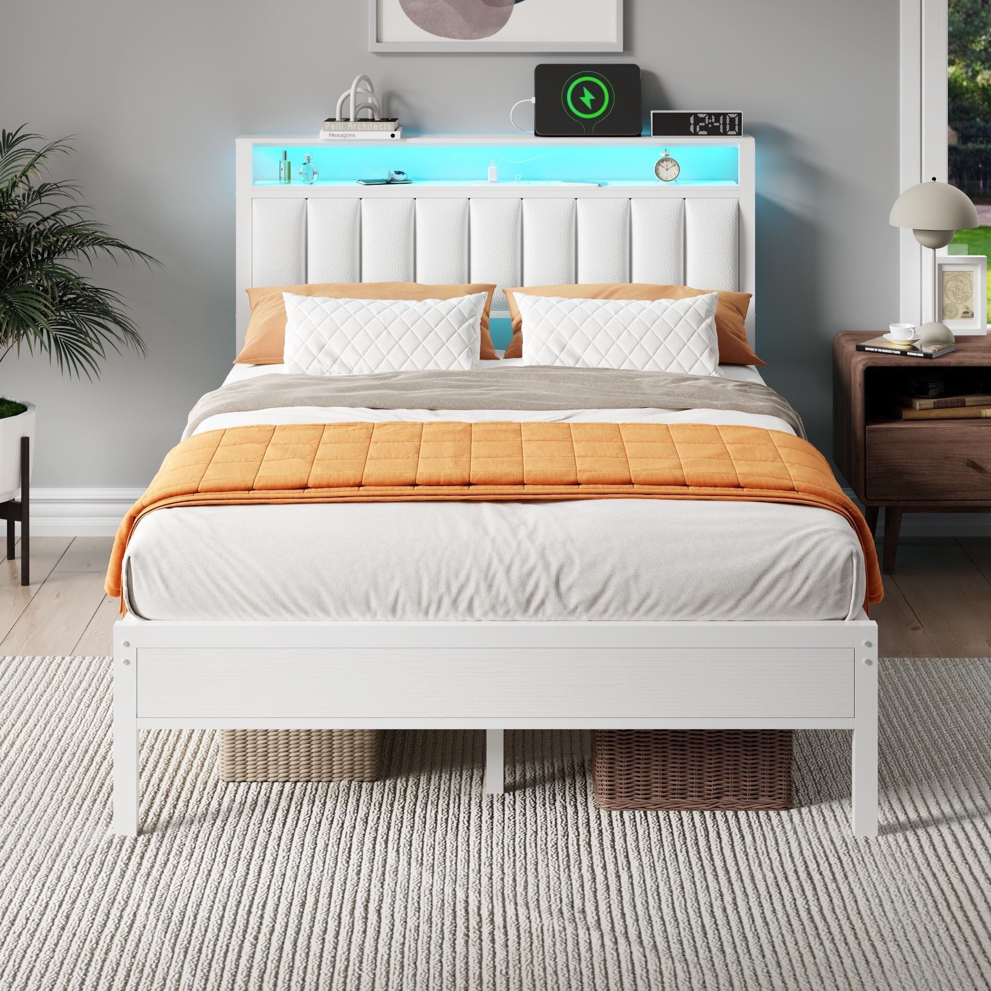 Satifur Full Bed Frames with LED Lights & Charging Station, Platform ...
