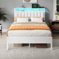 PAPROOS Full Size Canopy Bed Frame, Upholstered Bed Frame with Metal ...