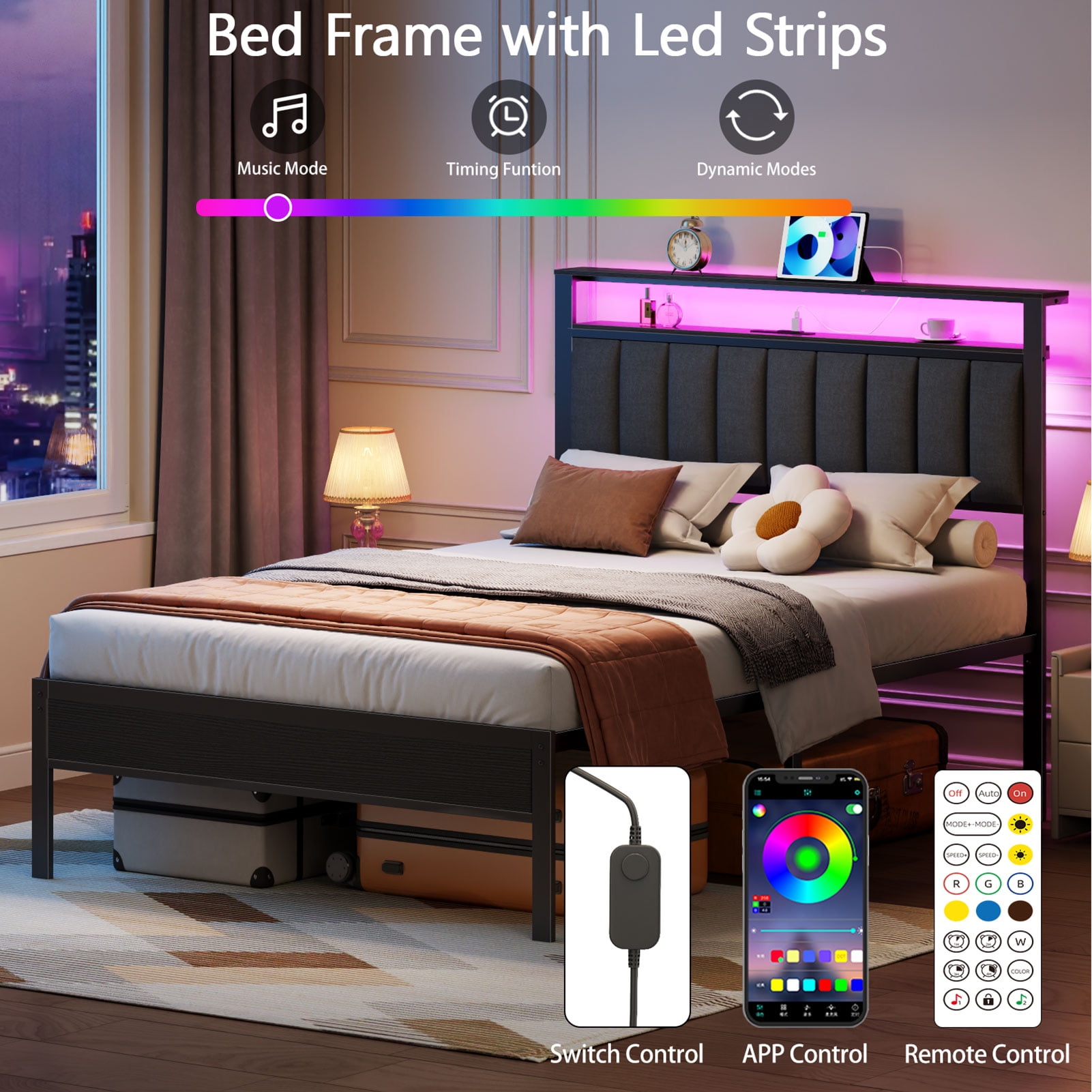Satifur Full LED Bed Frame, Black - Walmart.com