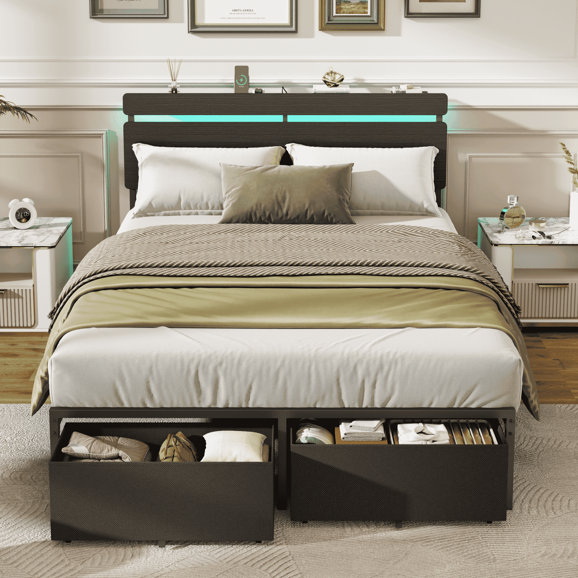 Satifur Full Size Bed Frame with 2 Drawers & LED Lights & Charging ...