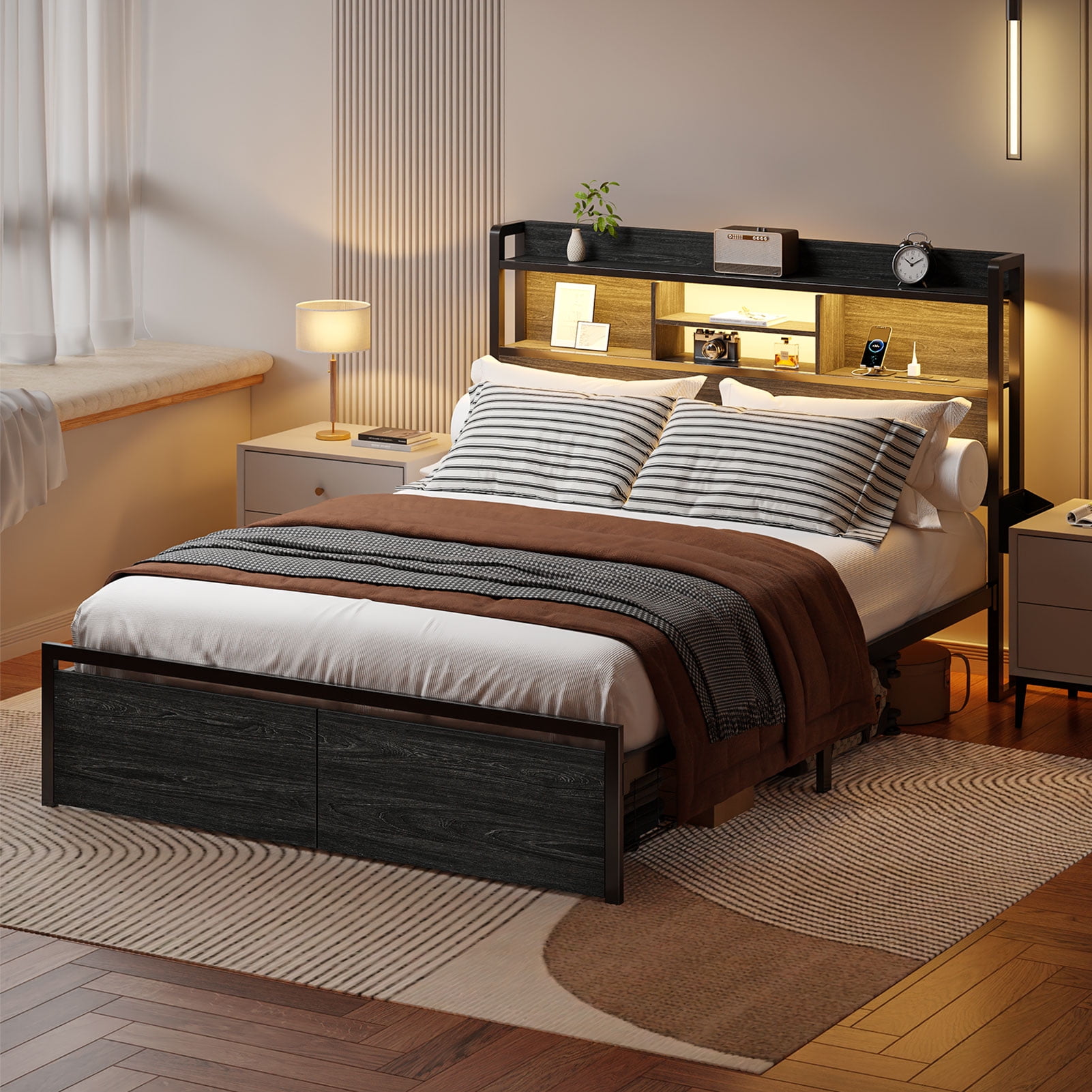 Satifur Full Size LED Light Bed Frame with Storage Headboard and USB ...