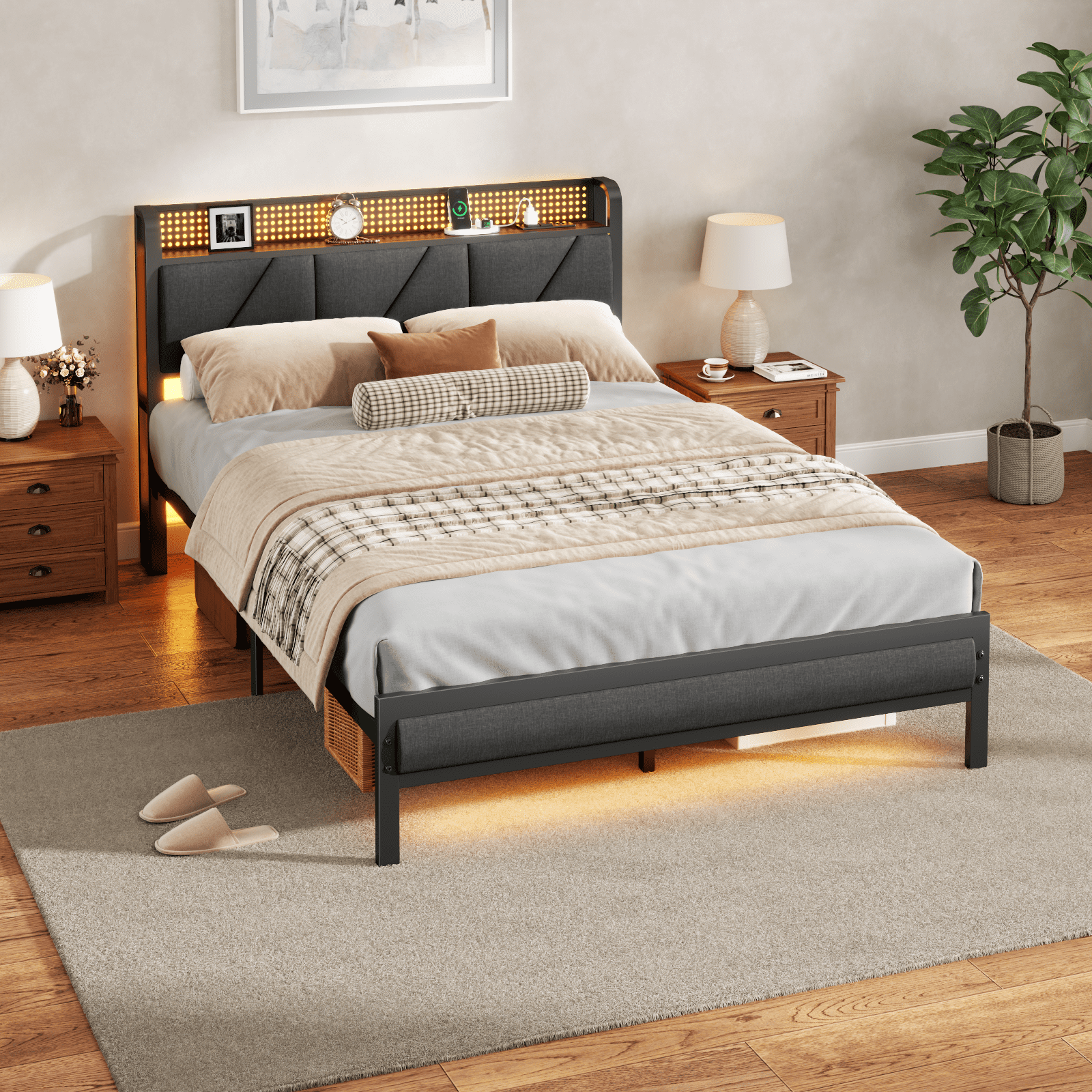 Satifur Full Size Metal Smart Bed Frames with Upholstered Headboard ...