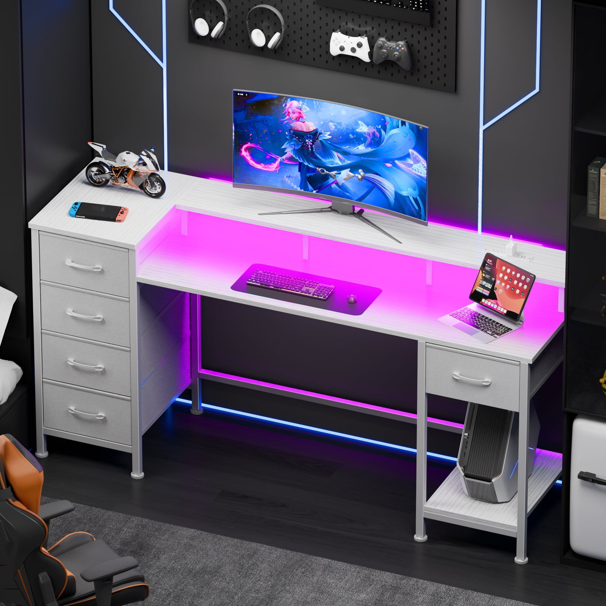 Satifur Gaming Desk with LED Lights & Power Outlets, 55" Computer Desk ...