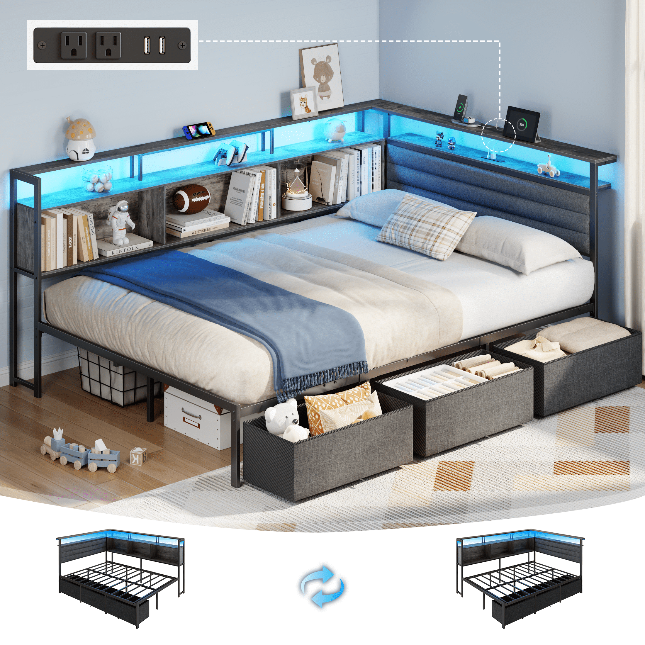 Satifur L-Shaped Corner Bed Frame with 3 Storage Drawers, 3 Cubbies ...
