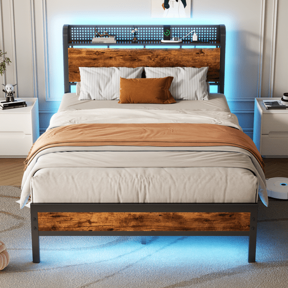 King Bed Frame with LED Lights Headboard and 4 Drawers, Platform Metal ...