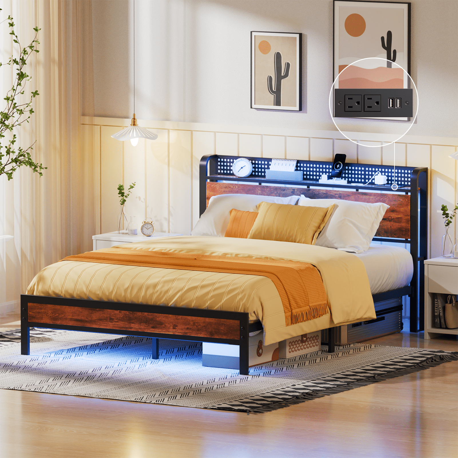 Satifur LED Bed Frame Queen Size with 2 USB Ports and Outlets, Platform ...