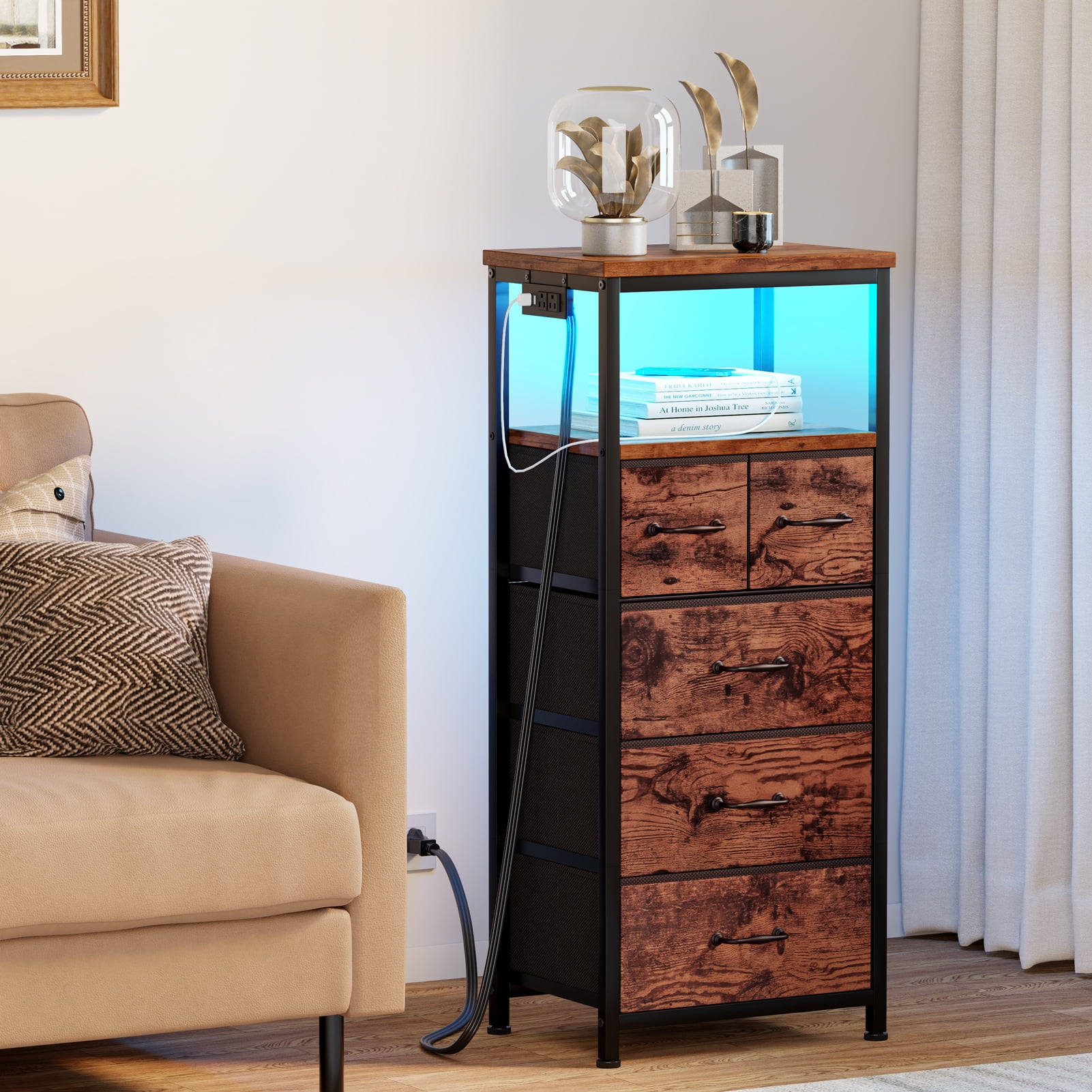 Satifur LED Dresser for Bedroom with Charging Station, 5 Fabric Drawers ...