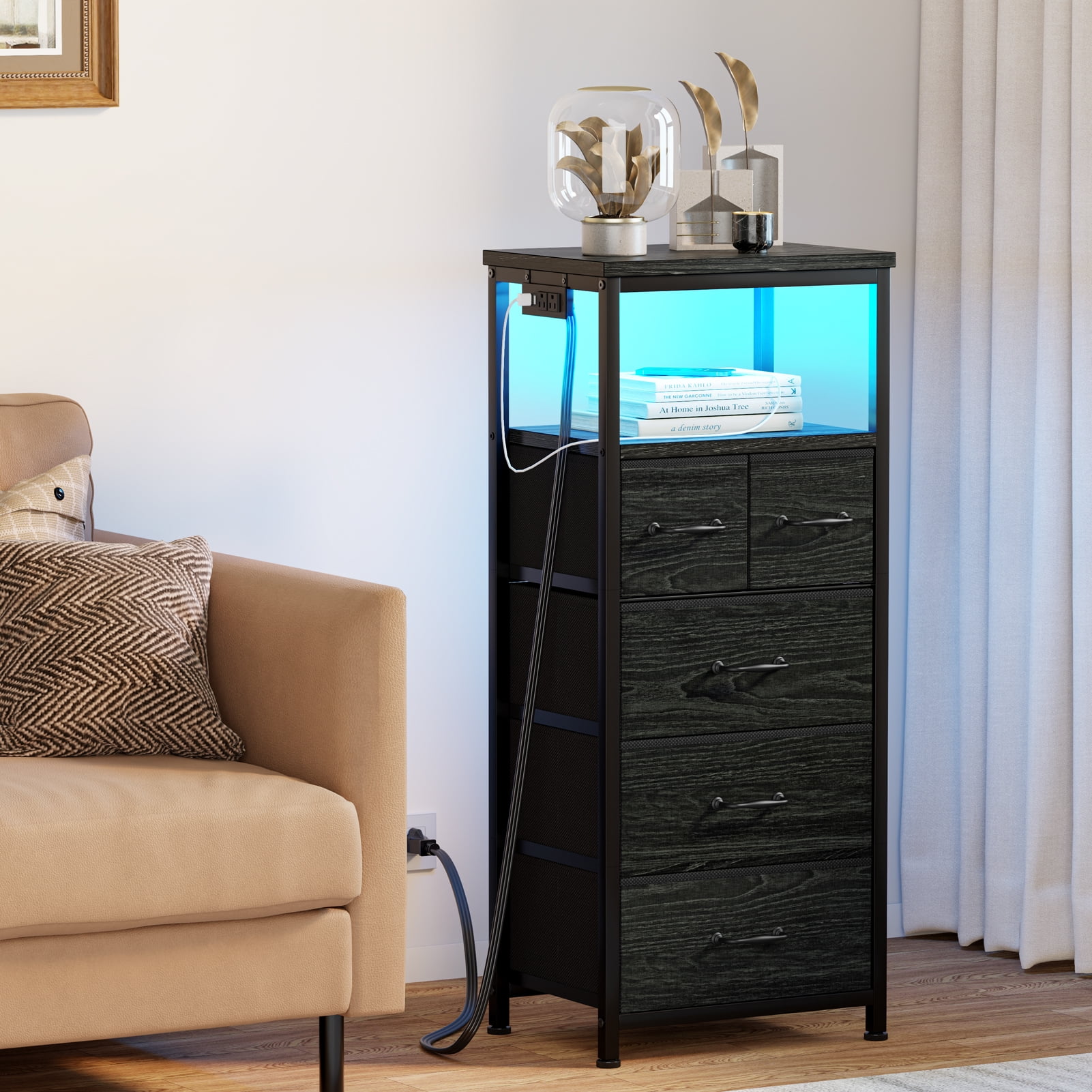 Satifur LED Dresser for Bedroom with Charging Station, 5 Fabric Drawers ...