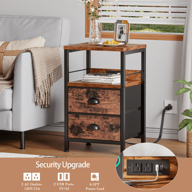 Satifur Nightstand with Charging Station, Bedside End Table with Fabric ...