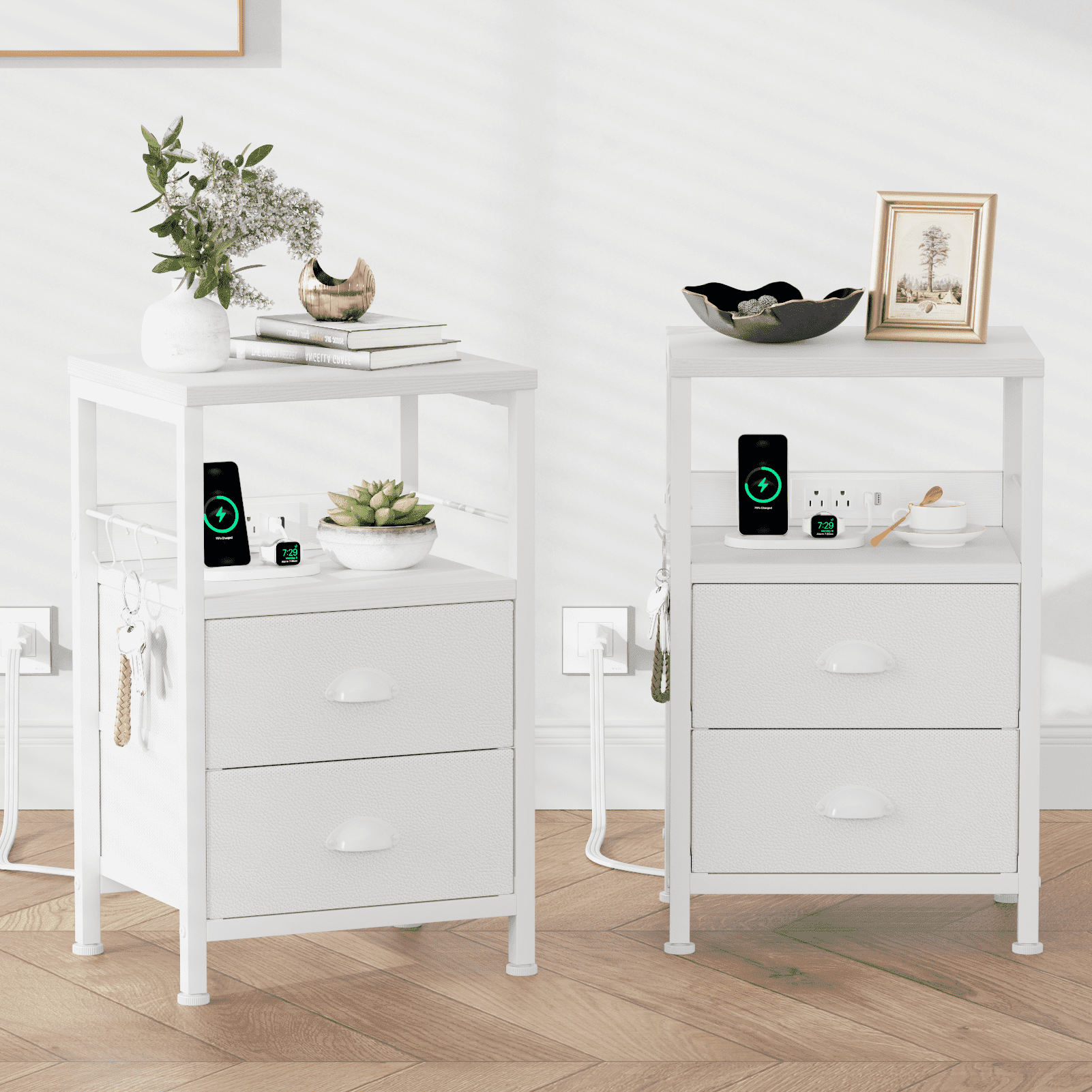 Satifur Nightstand Set of 2, White, Small Bedside Table with Charging ...