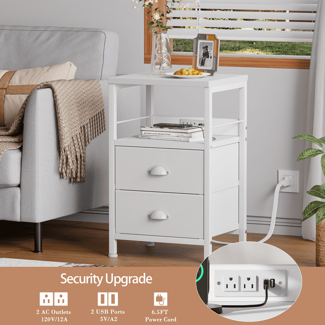 Satifur Nightstand with Charging Station, Bedside End Table with Fabric ...