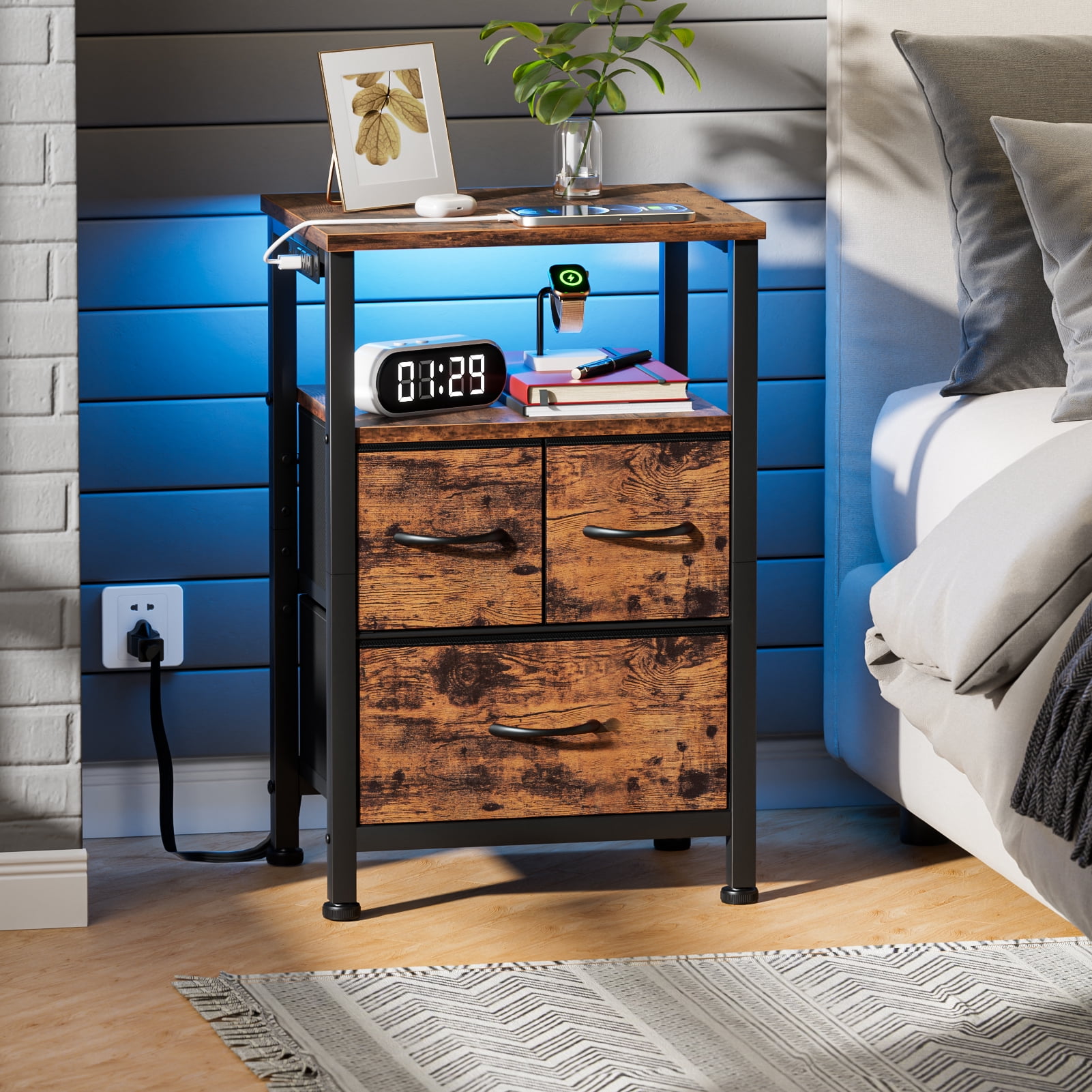 Satifur Nightstand with Charging Station and LED Nightstand, Chest of 3 ...