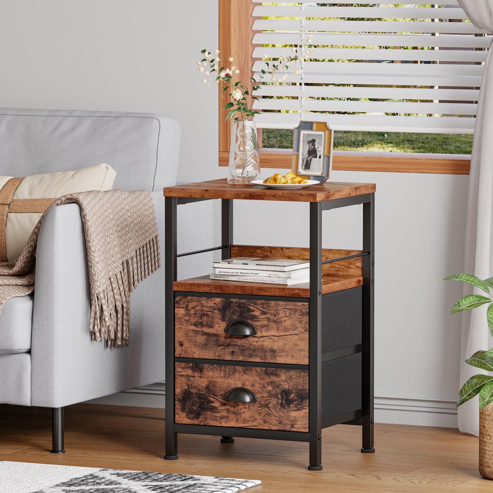 Satifur Nightstand with 2 Fabric Drawers & Shelf, Bedside End Table for ...
