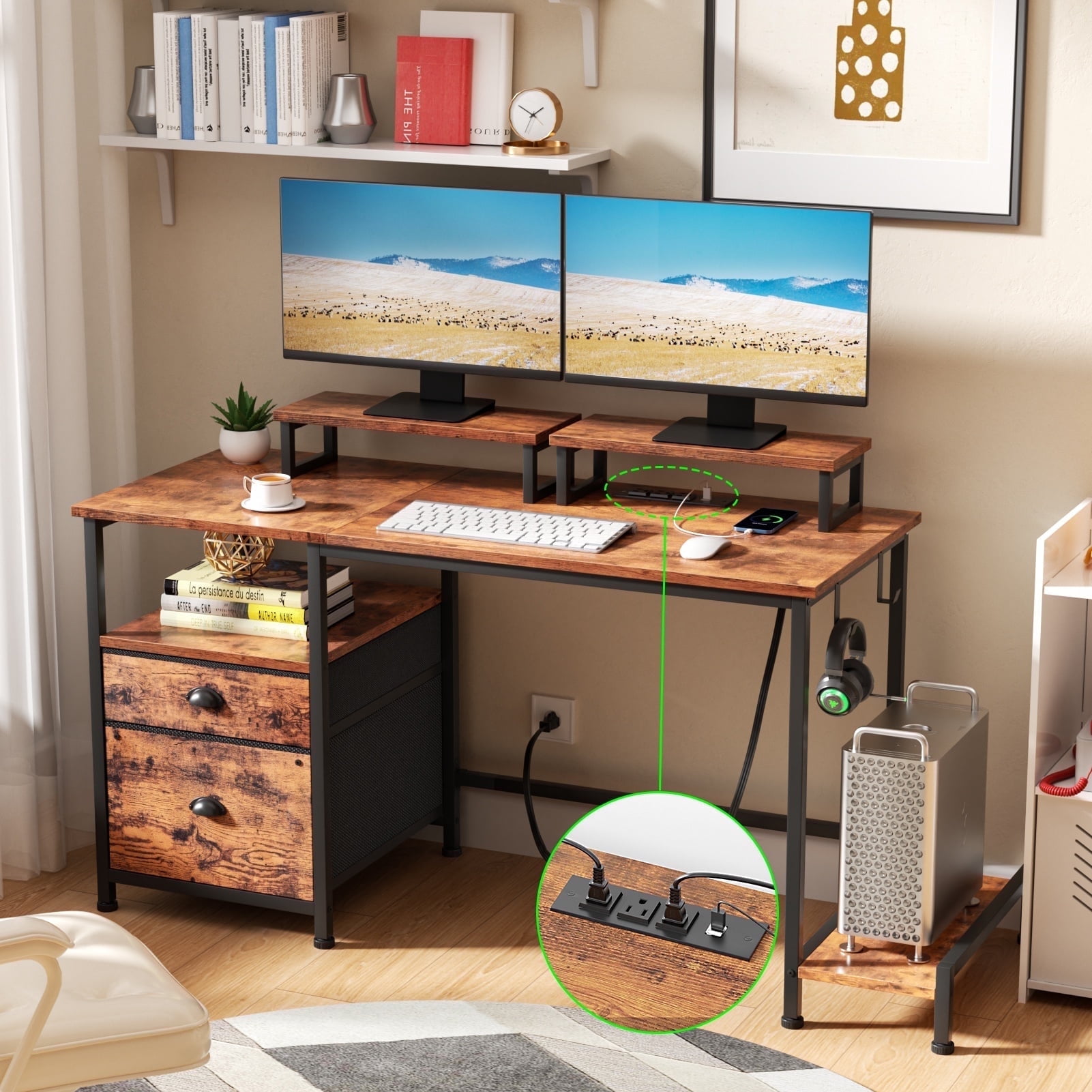 Satifur Office Desk with Drawers & Charging Station, Gaming Desk with ...