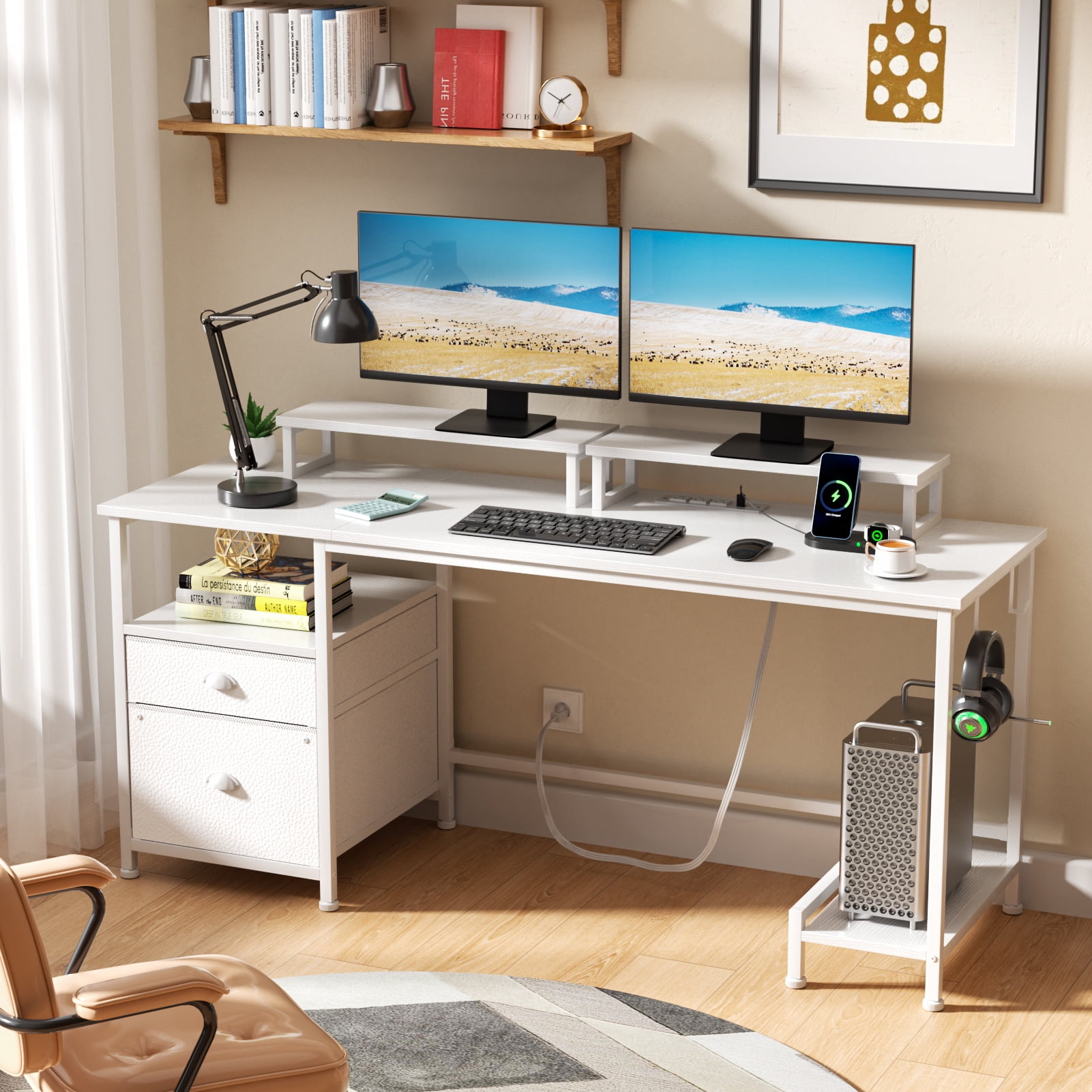 Satifur Office Desk with Drawers and Charging Station, Gaming Desk with ...
