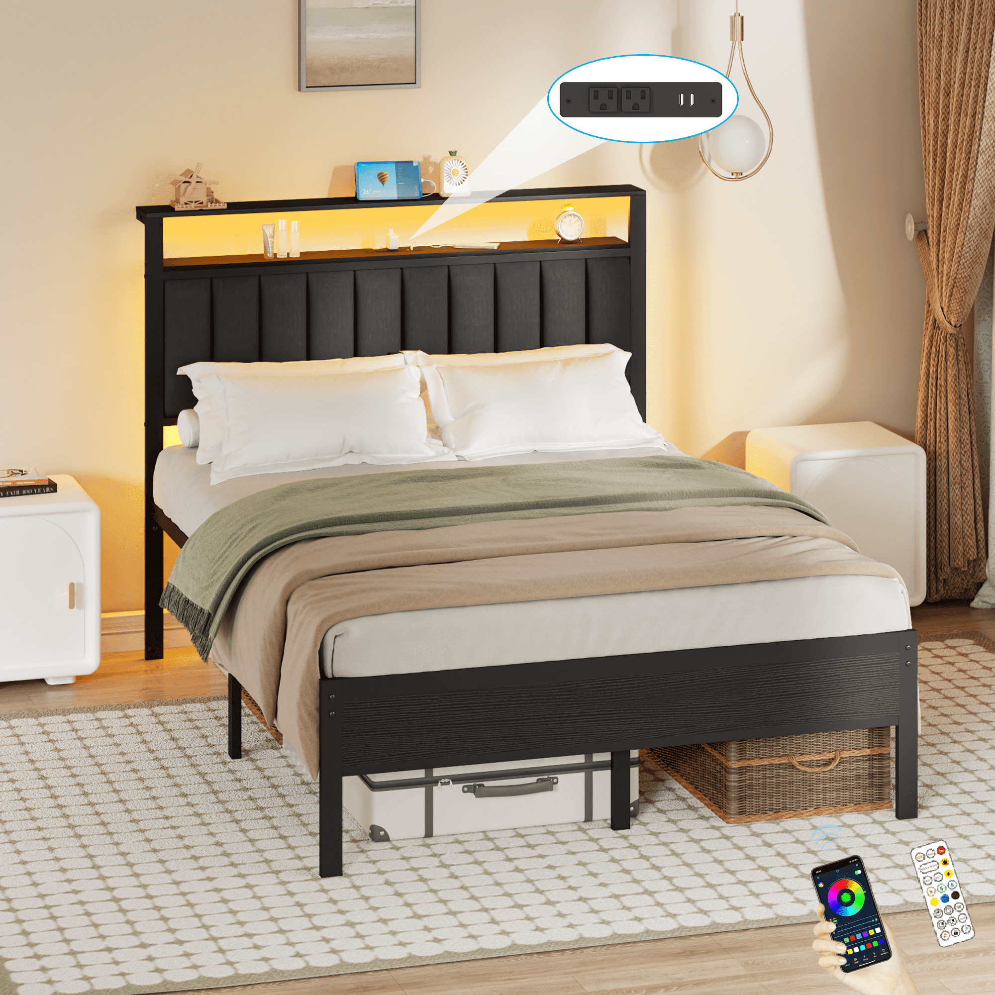 Satifur Queen LED Bed Frame with Smart RGB Lights, Headboard Charging ...