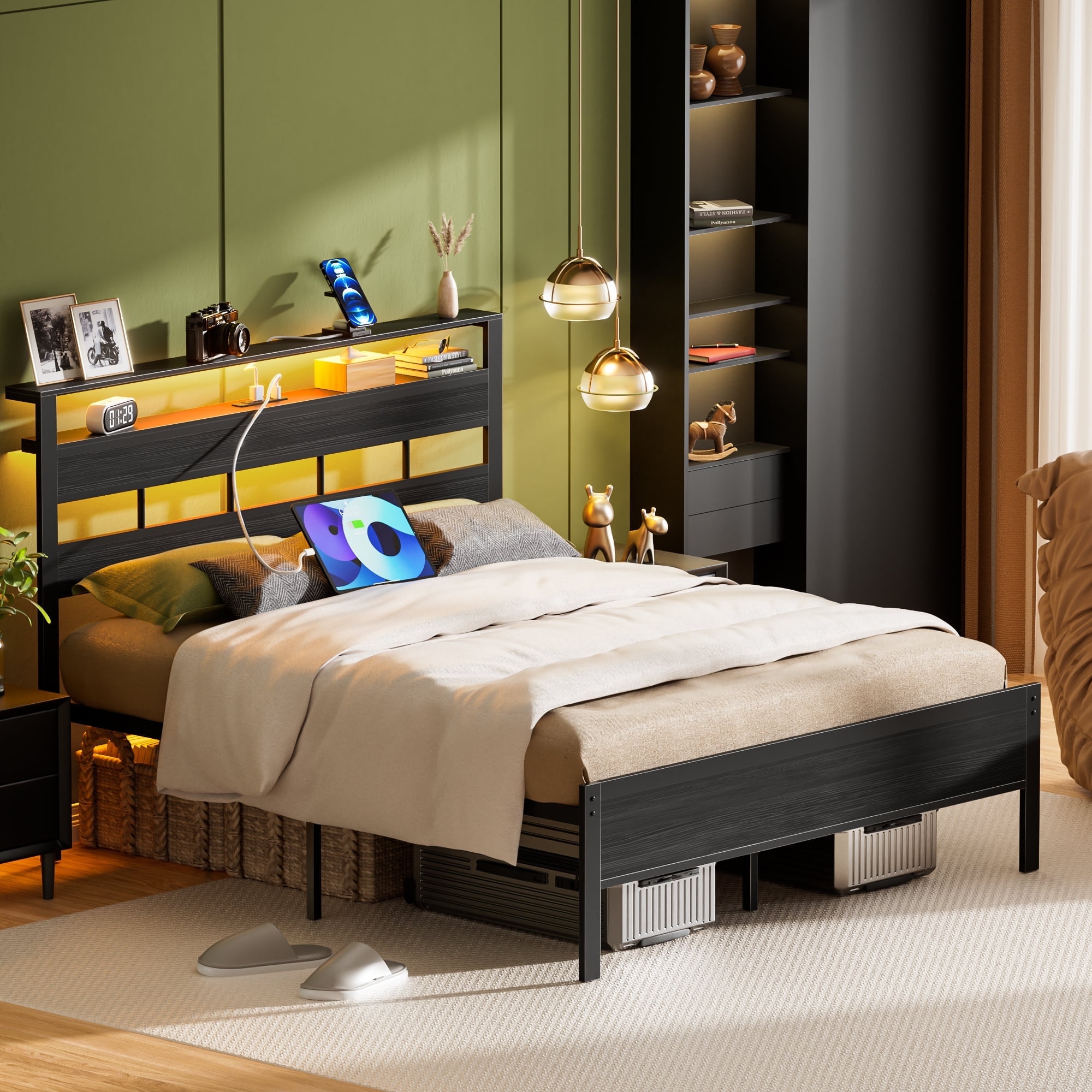 Satifur Queen Size Bed Frame with Upholstered Storage Headboard and LED ...