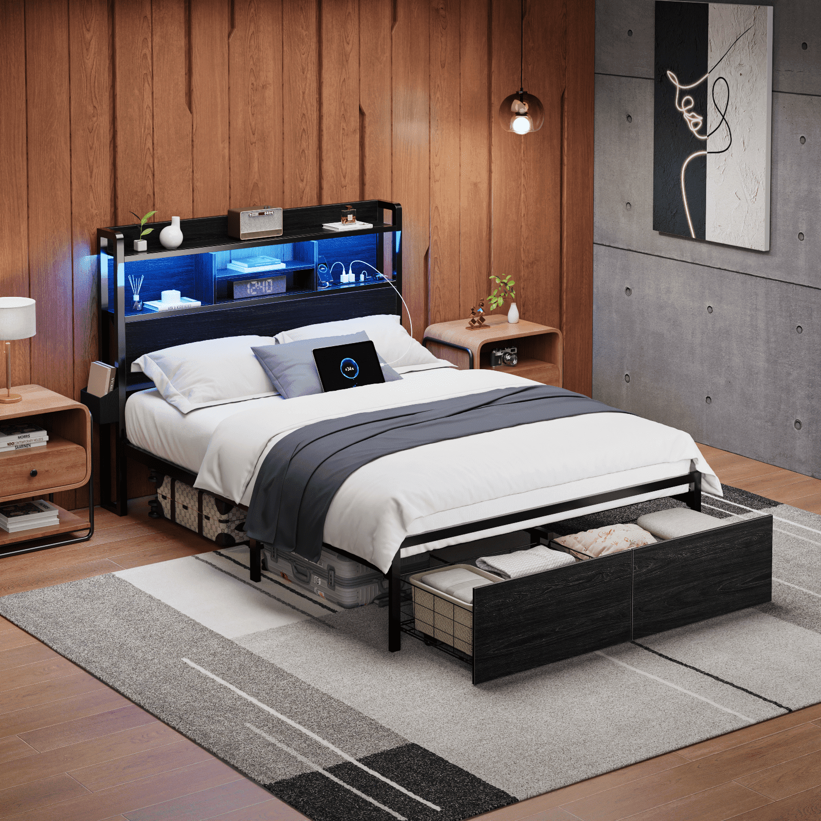 Satifur Queen Size LED Light Bed Frame with Storage Shelf and USB Ports ...