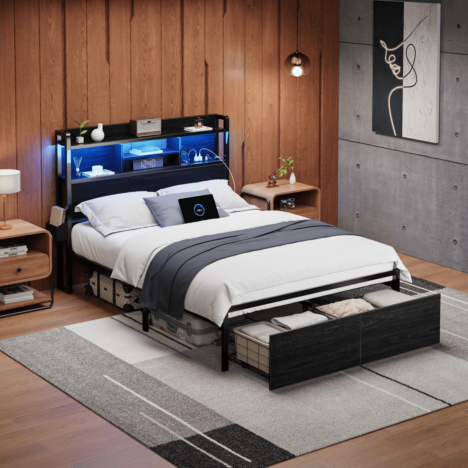 Satifur Queen Size LED Light Bed Frame with Storage Shelf and USB Ports ...