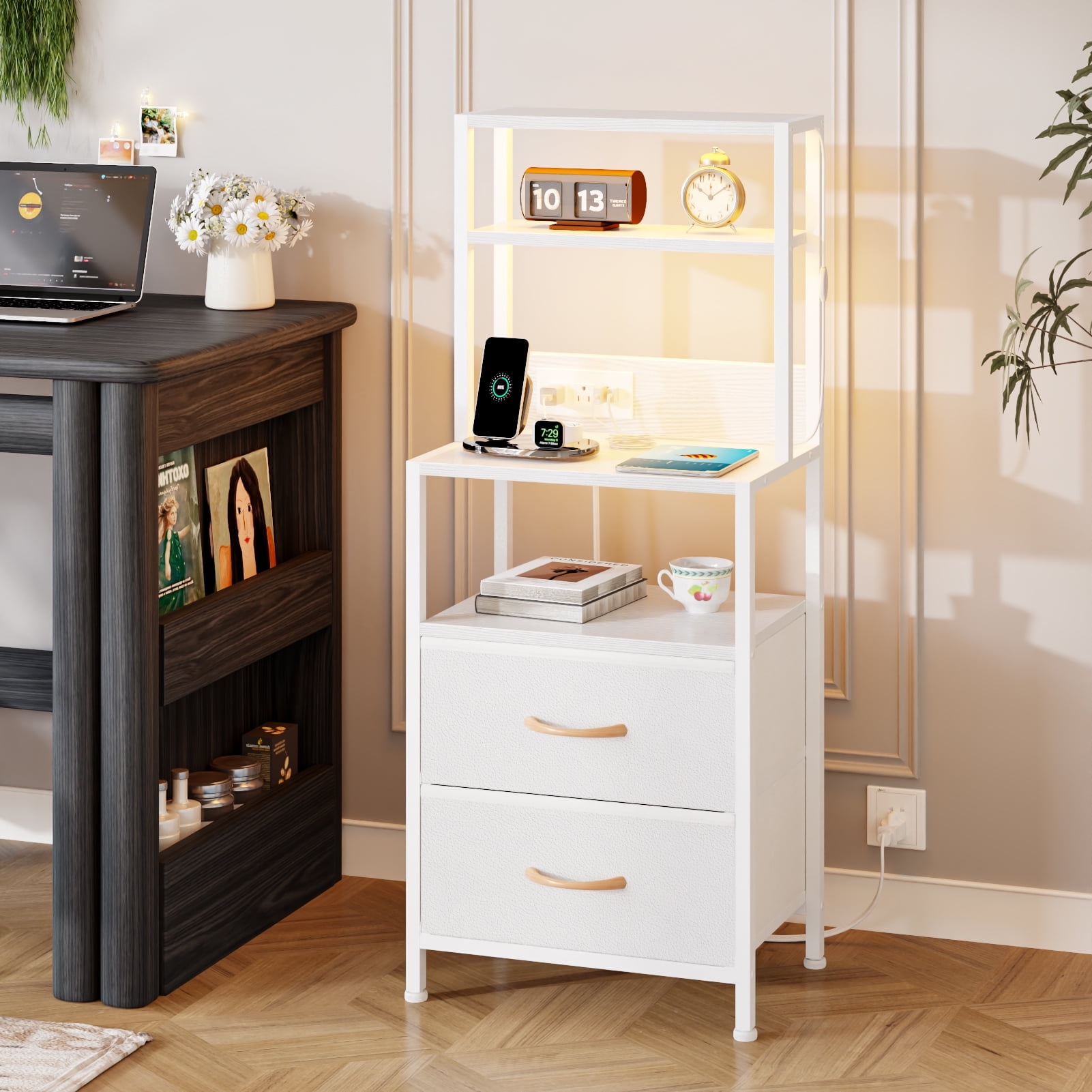 Satifur Tall LED Nightstand, Bedside Table with Charging Station, 2 ...