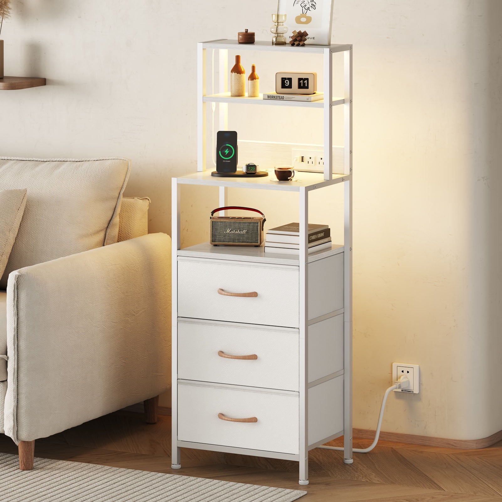 Satifur Tall Nightstand, 3 Drawers, Open Shelf, Charging Station, LED ...