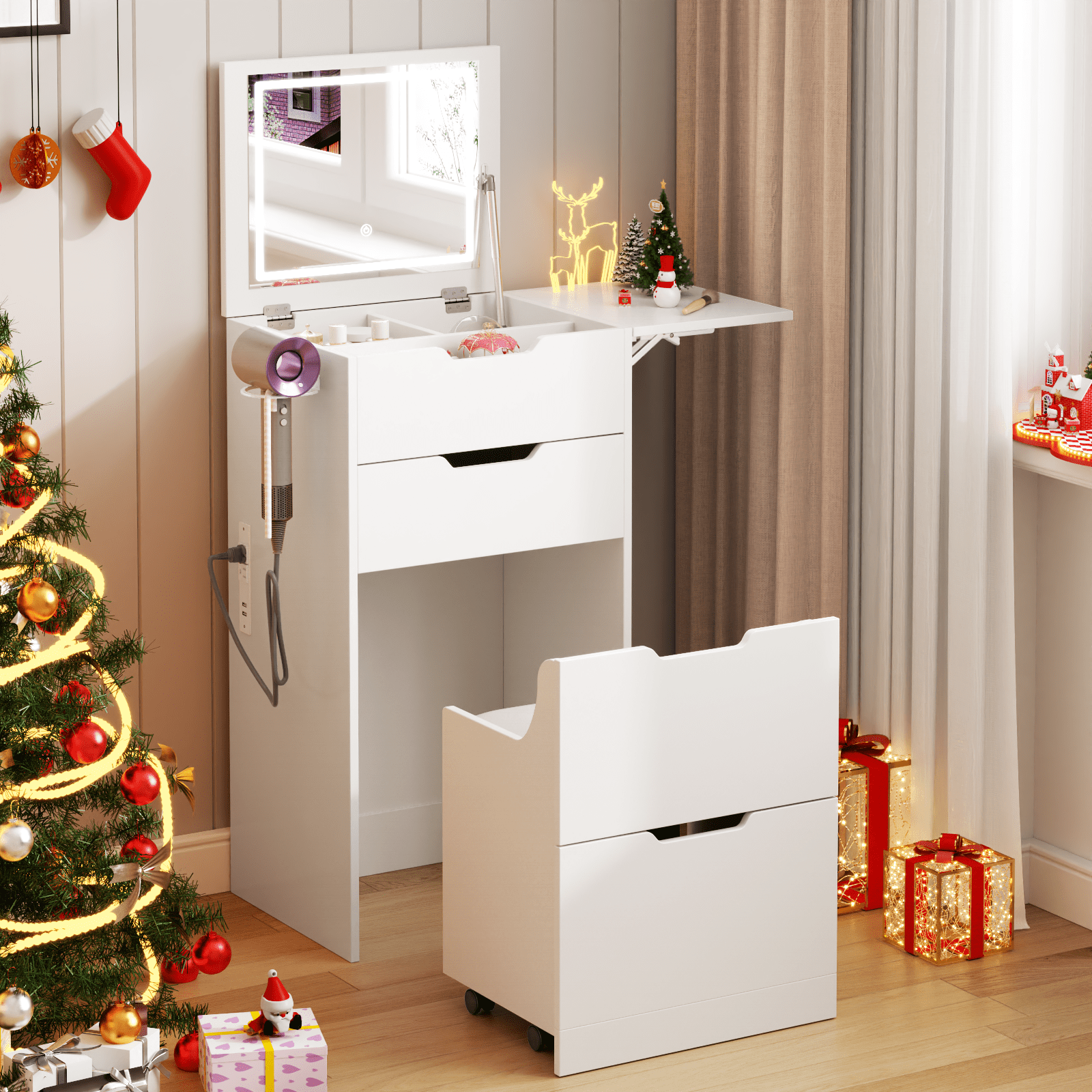 Satifur Vanity Desk Set with Mirror & Lights, Women 4 in 1 Makeup ...