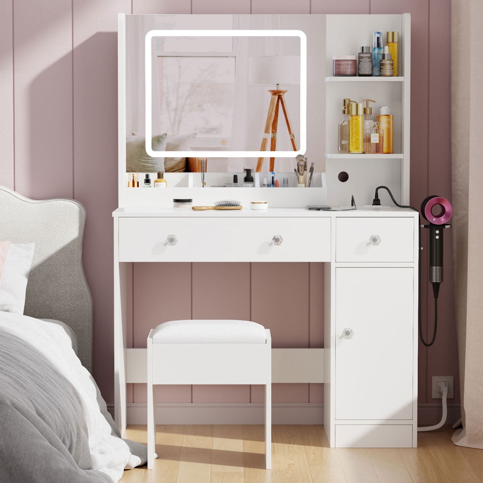 Satifur Vanity Set with Mirror & Lights, Women Makeup Table with ...