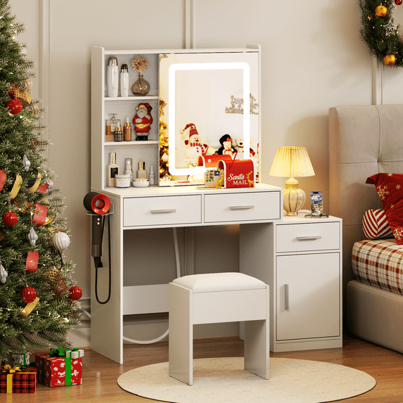 Satifur Vanity Set, Lighted Sliding Mirror with 3 Settings, 2-in-1 Desk ...