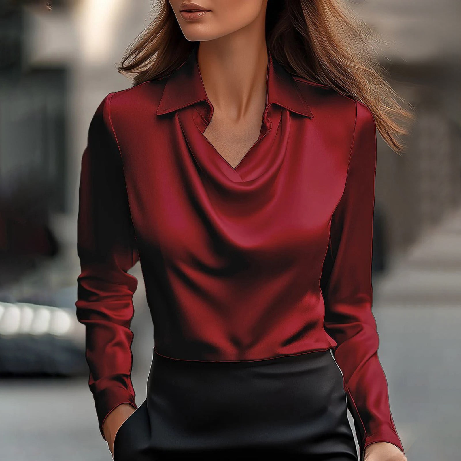 Satin Blouses for Women Work Office Top Silk Blouse for Women Long ...