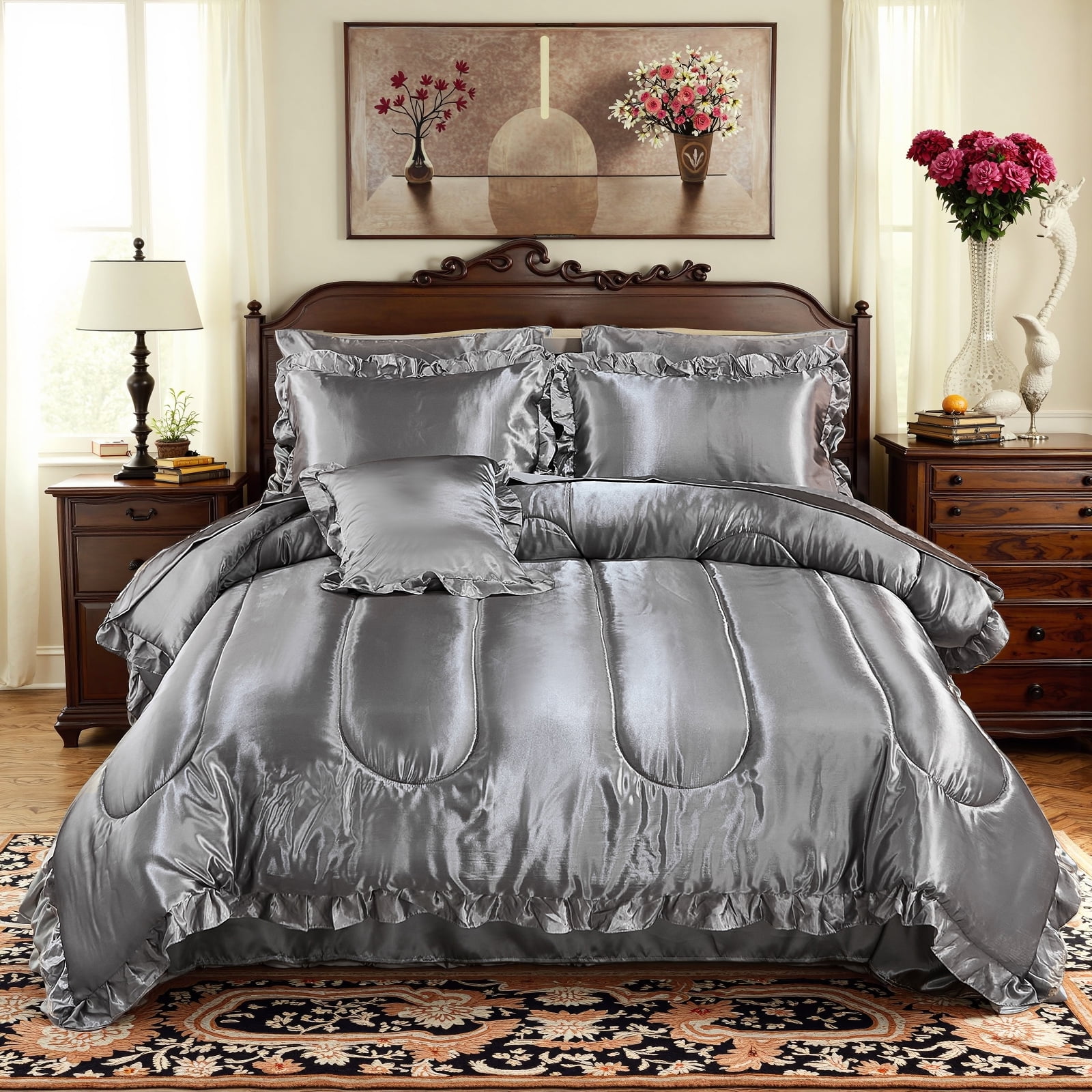 Satin Comforter Set King Silk Like Pink Bedding Set Luxury Hotel Silky ...