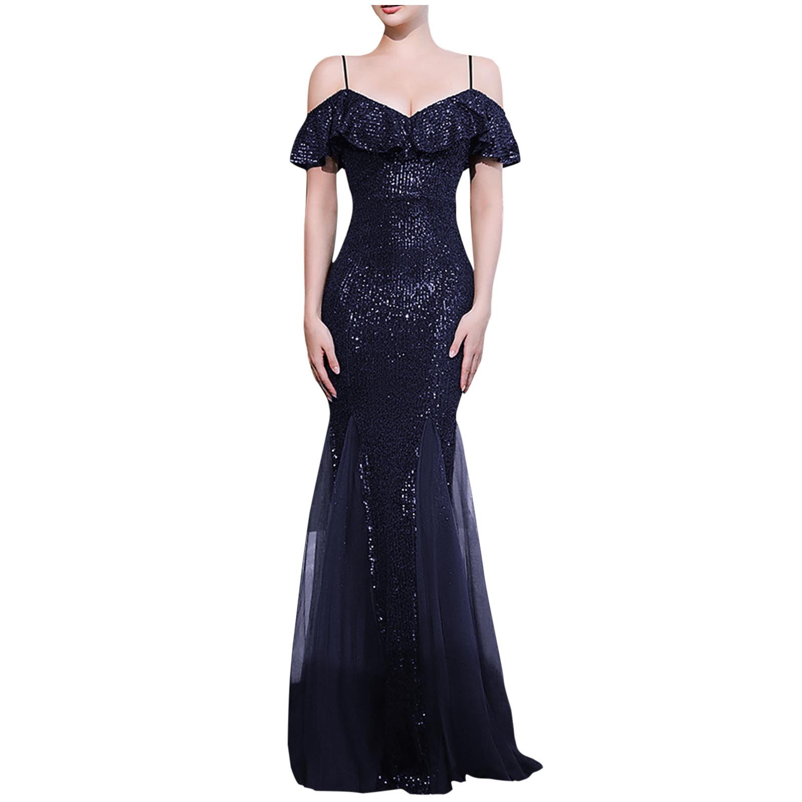 Satin Dress Sparkly Sequin Prom Dress for Women Long Mermaid off ...