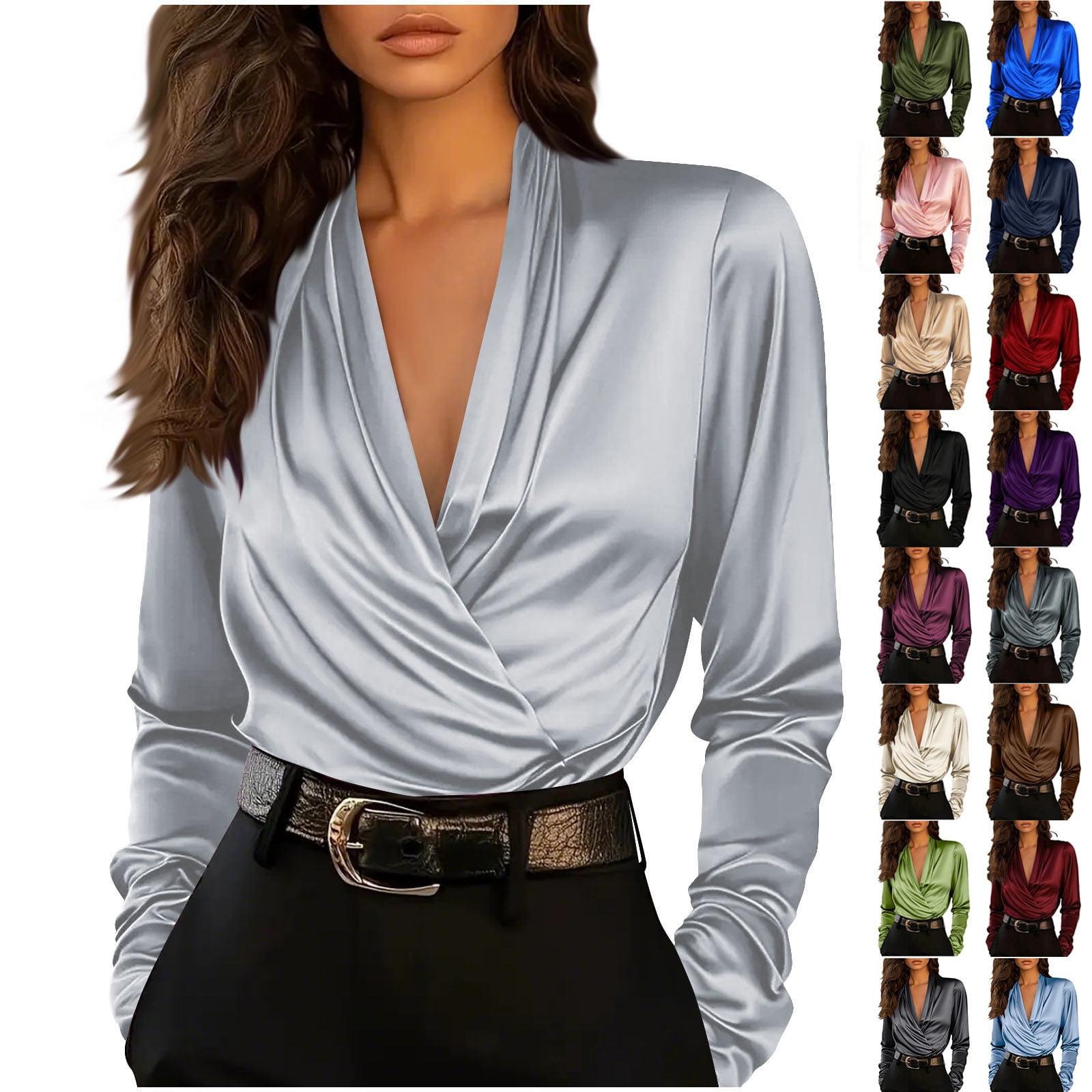Satin Dressy Tops for Women with Pleats Wrapped Deep V Neck Long Sleeve ...