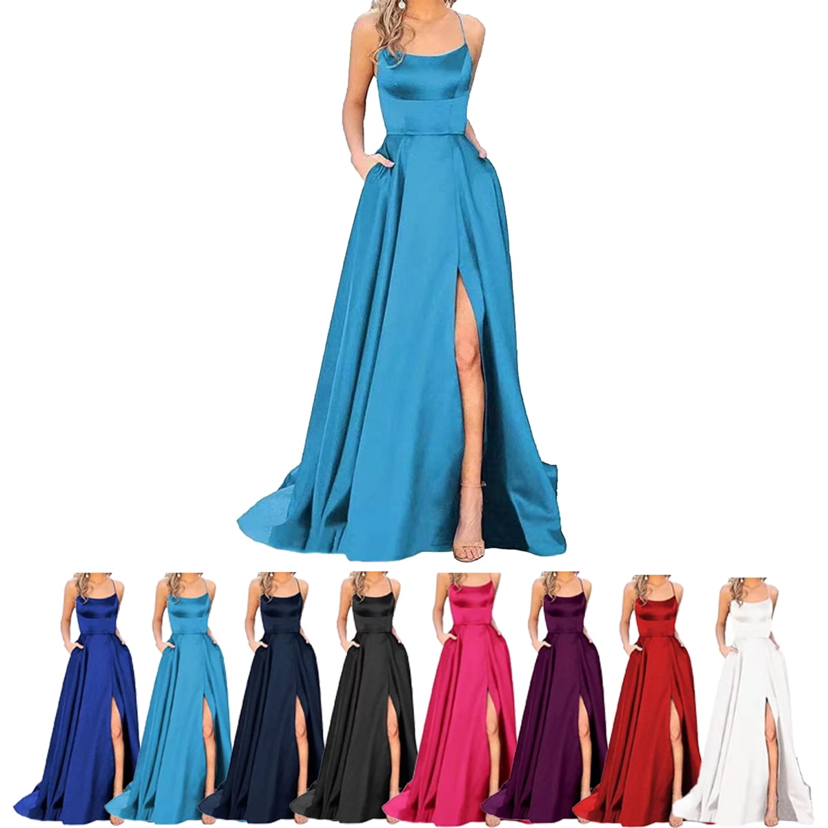 Satin Evening Dress Sexy Long Party Gowns Elegant Prom Dresses Button