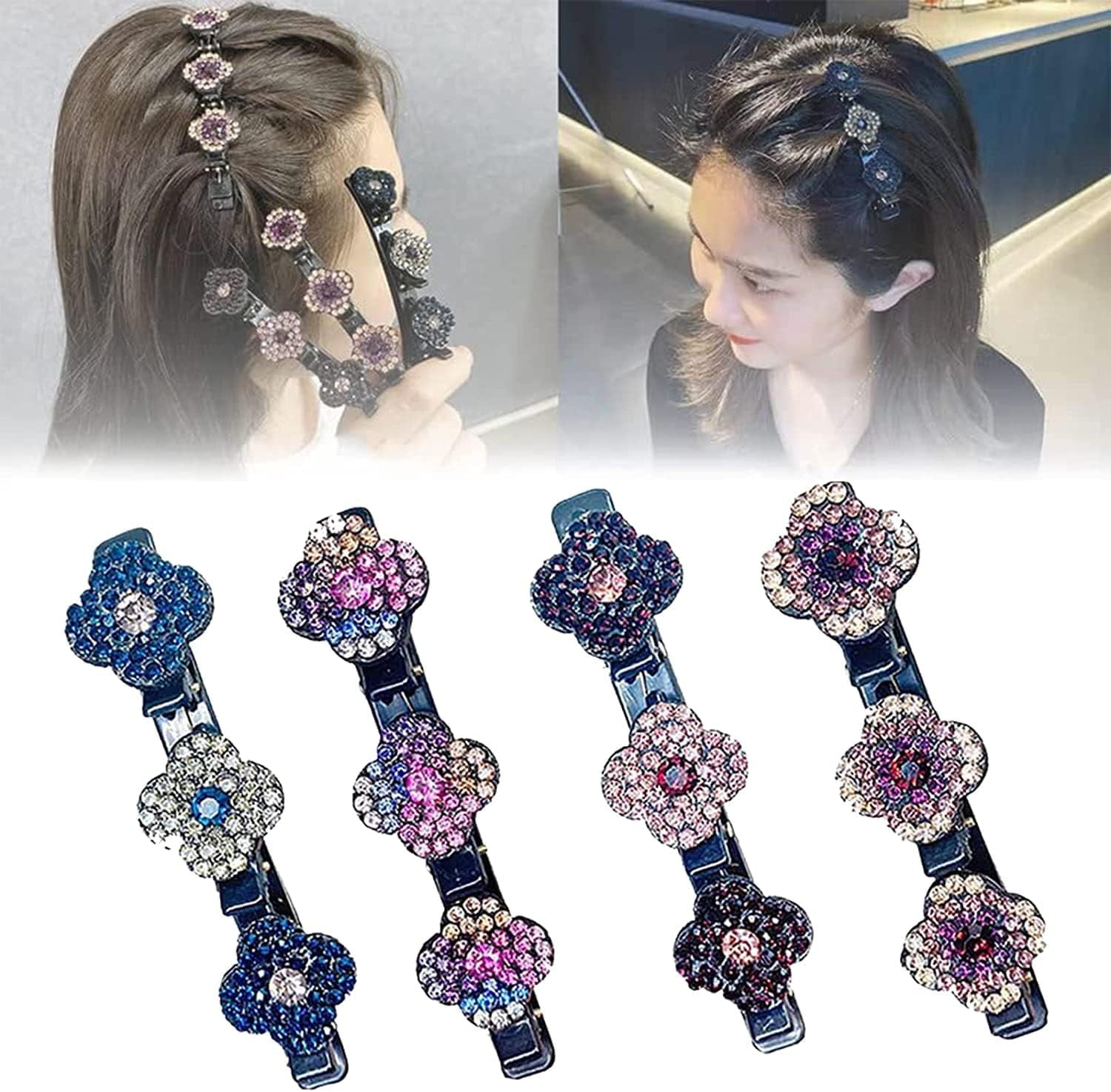Satin Fabric Hair Bands,Sparkling Crystal Stone Braided Hair Clips,Four ...