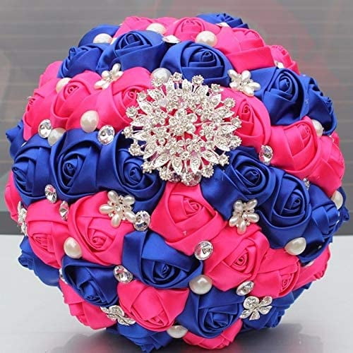 Satin Flowers Royal Blue Hot Pink Bridal Bouquets Shiny Diamond Brooch ...