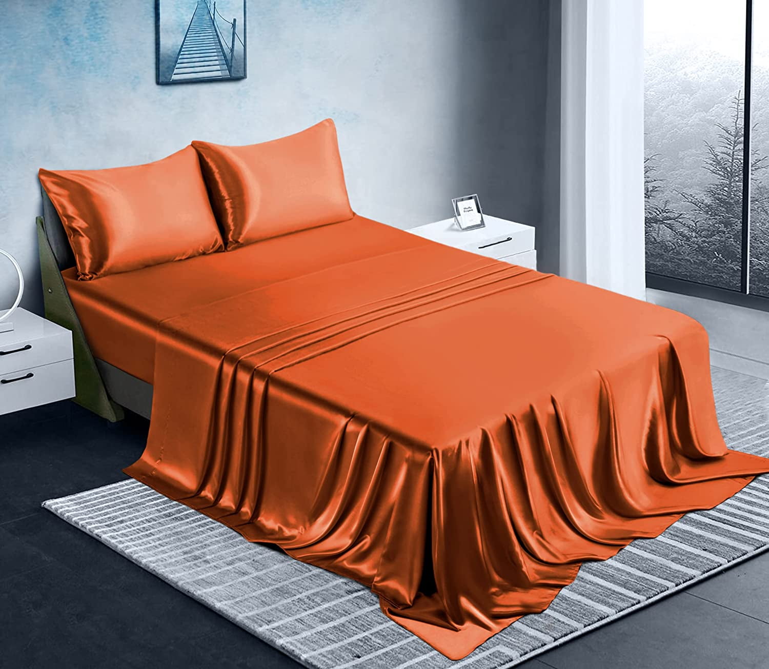 Satin King Sheets Set 4 Piece Soft Silky Satin Sheets Set Rust Orange Sa